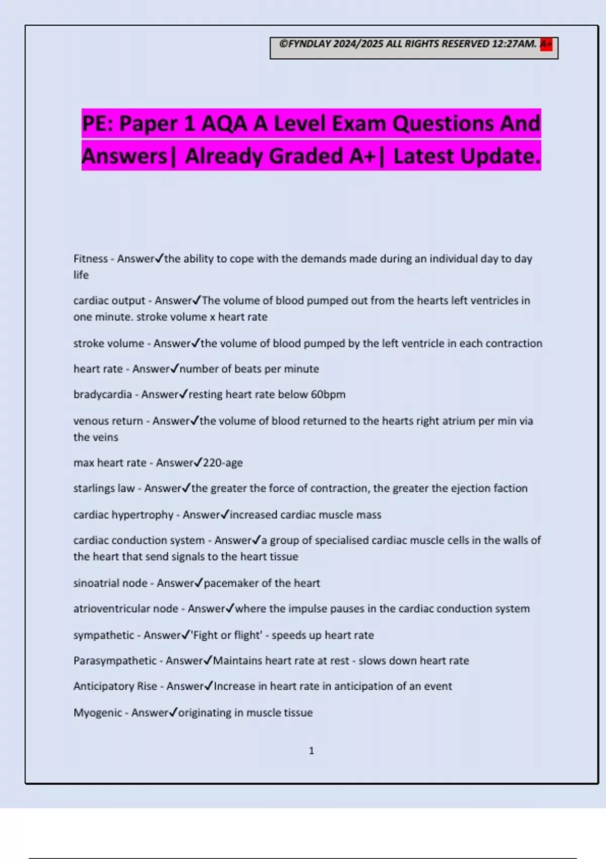 PE: Paper 1 AQA A Level Exam Questions And Answers| Already Graded A+ ...