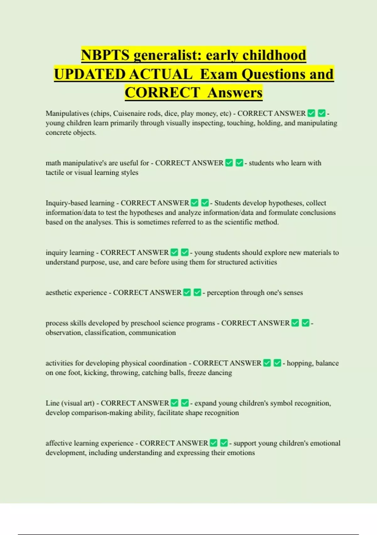 NBPTS Bundled Exam Questions WITH CORRECT Answers - Stuvia US
