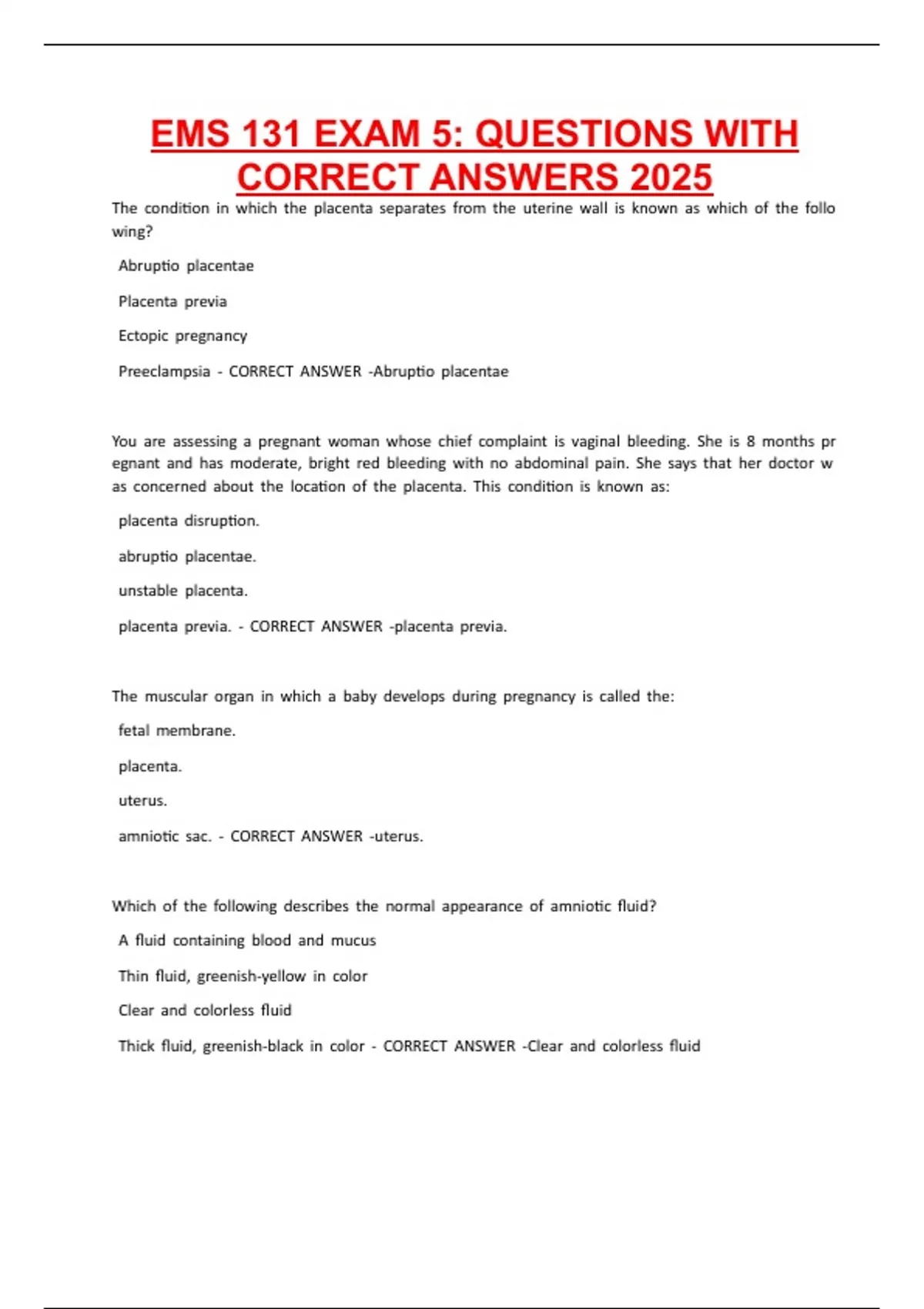 EMS 131 EXAM 5 QUESTIONS WITH CORRECT ANSWERS 2025 - EMS 131 - Stuvia US