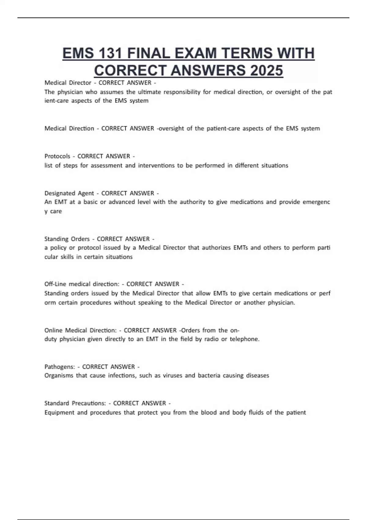 EMS 131 FINAL EXAM TERMS WITH CORRECT ANSWERS 2025 - EMS 131 - Stuvia US