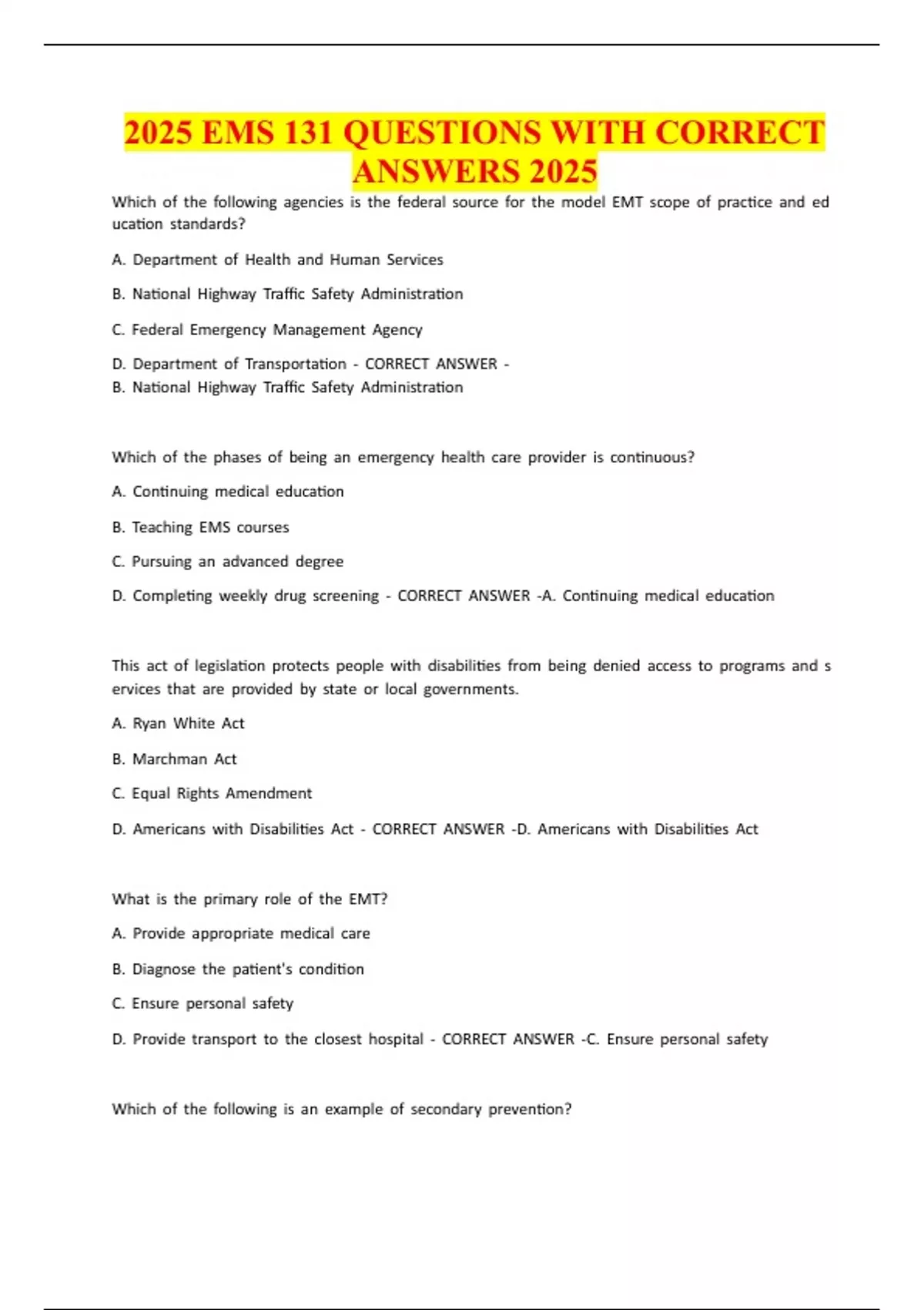 2025 EMS 131 QUESTIONS WITH CORRECT ANSWERS 2025 - EMS 131 - Stuvia US