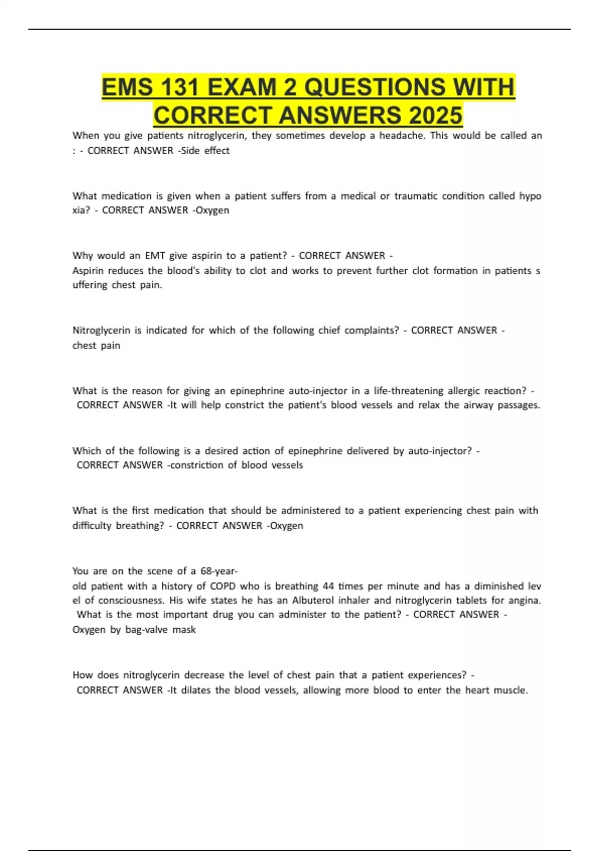 EMS 131 EXAM 2 QUESTIONS WITH CORRECT ANSWERS 2025 - EMS 131 - Stuvia US