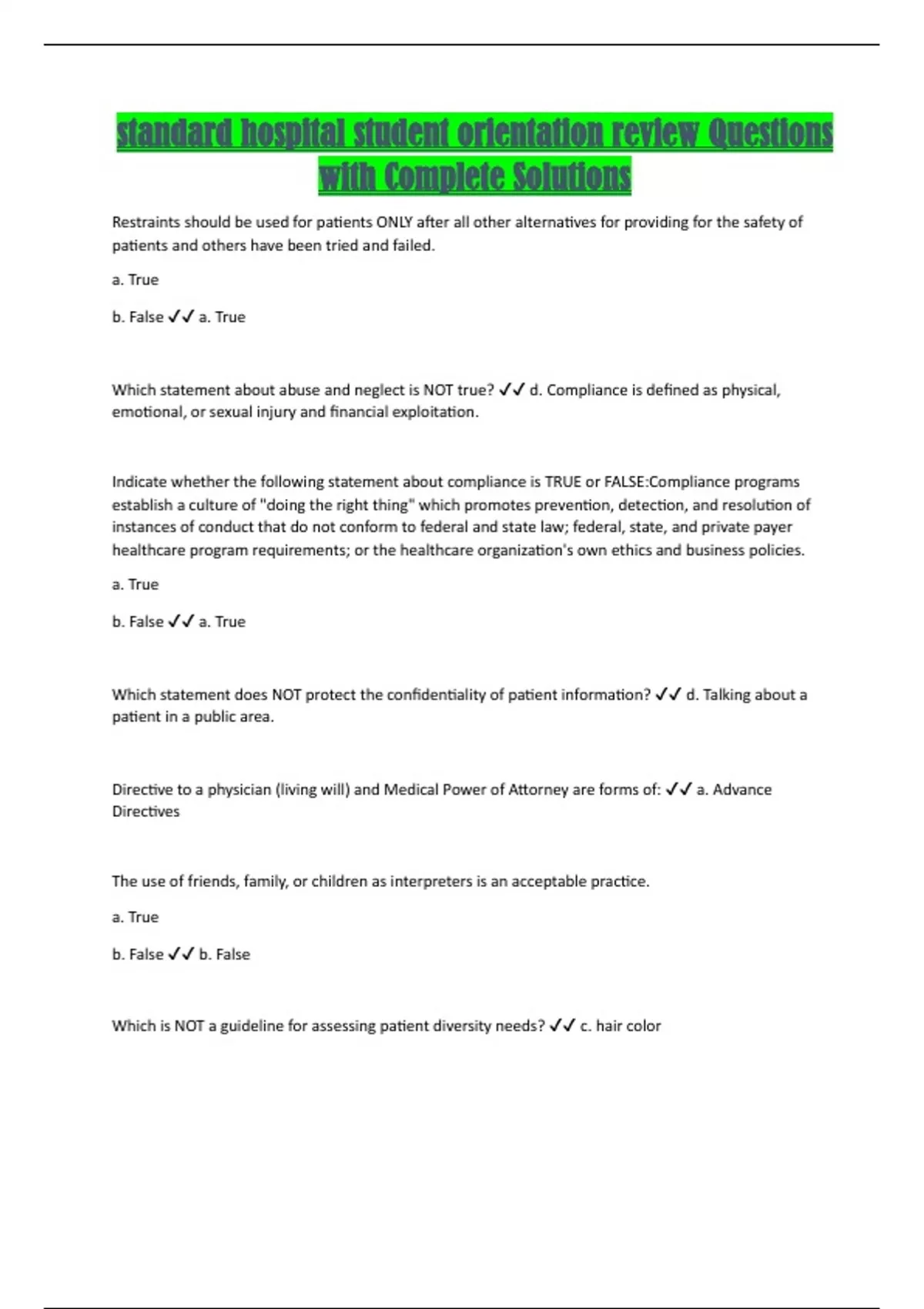 standard hospital student orientation review Questions with Complete ...