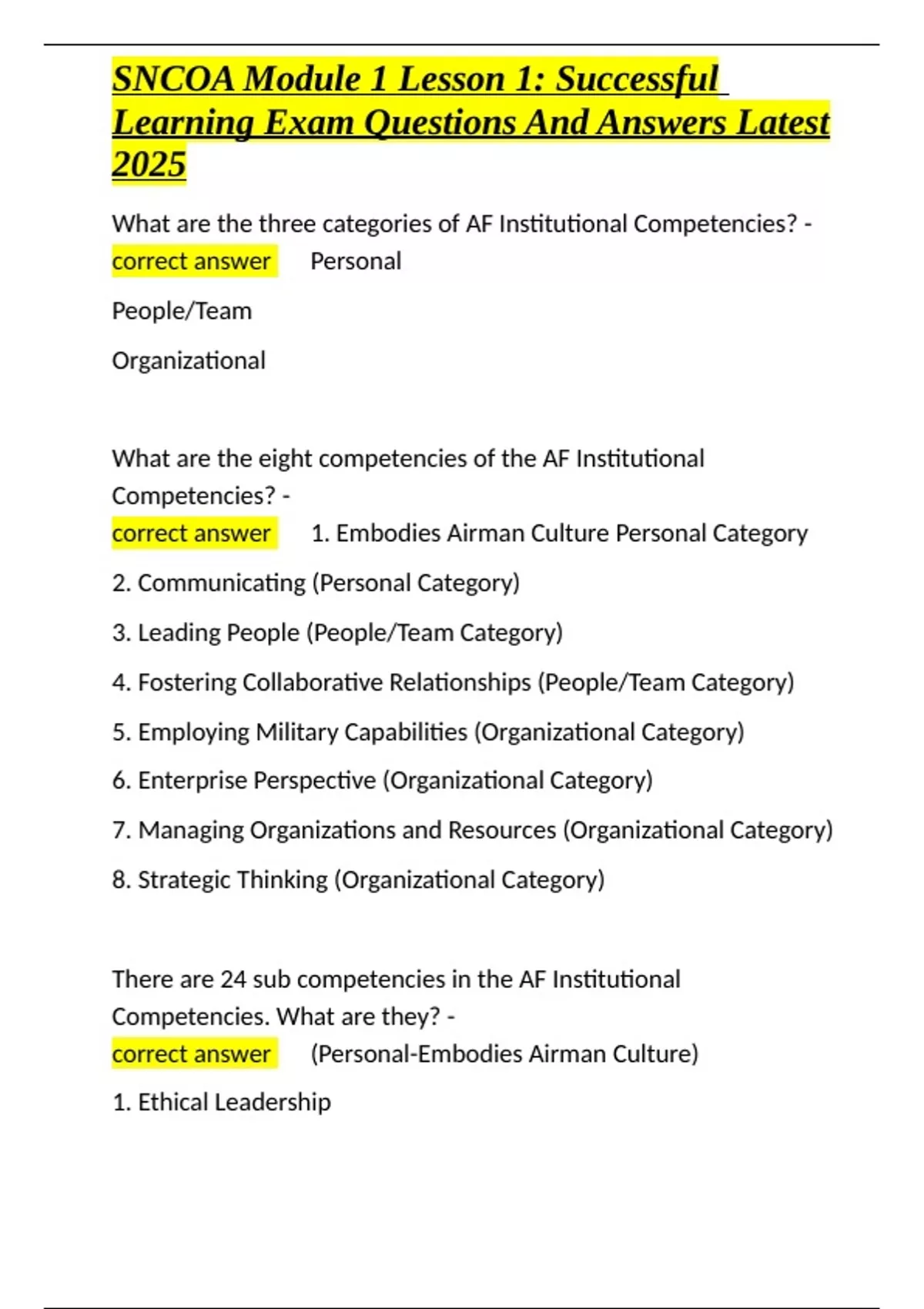 SNCOA Module 1 Lesson 1 Successful Learning Exam Questions And Answers ...