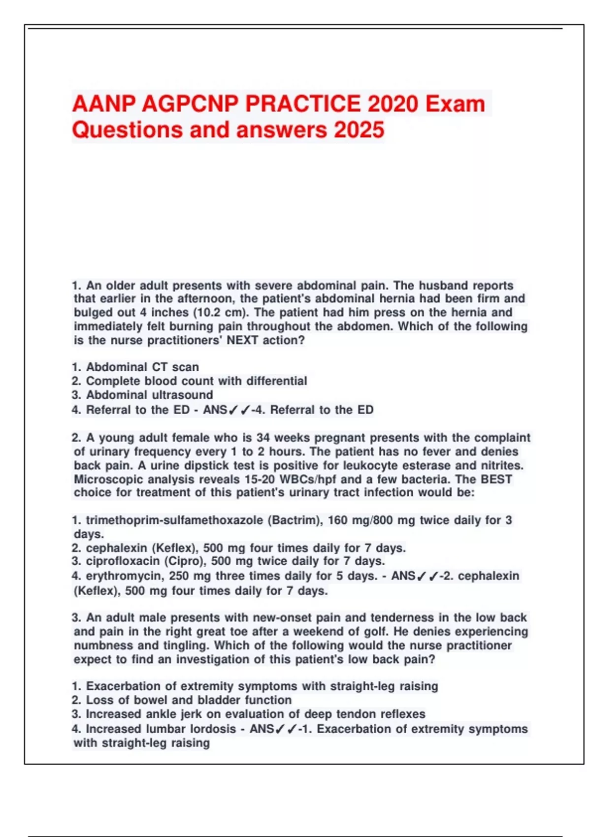AANP AGPCNP PRACTICE 2020 Exam Questions and answers 2025. - AGNP ...