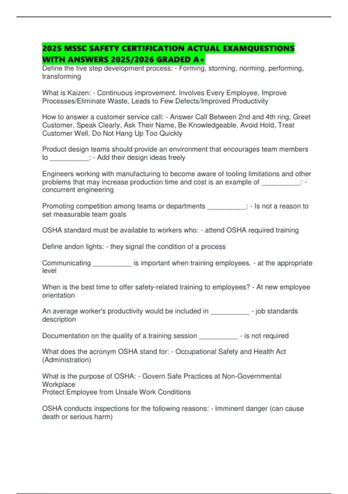 2025 MSSC SAFETY CERTIFICATION FINAL EXAM QUESTIONS EVALUATION WITH ...