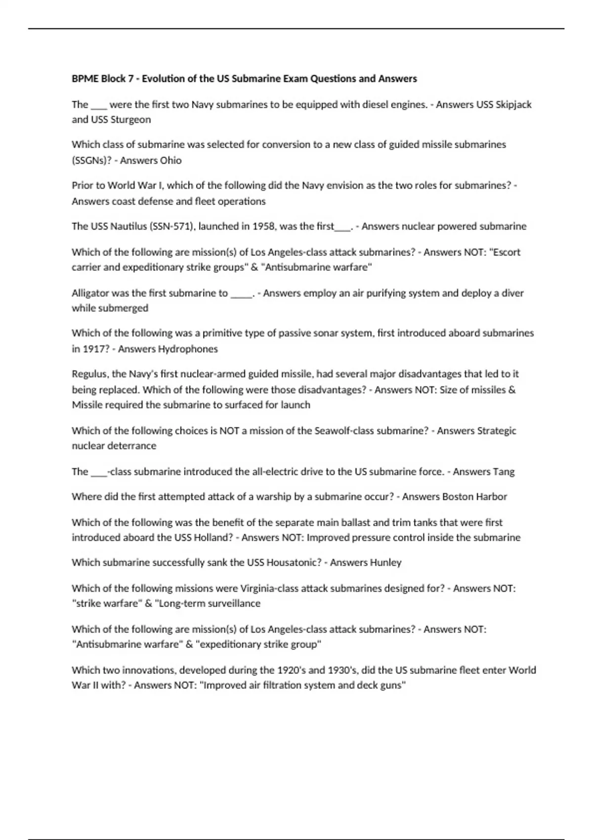 BPME Block 7 - Evolution of the US Submarine Exam Questions and Answers ...