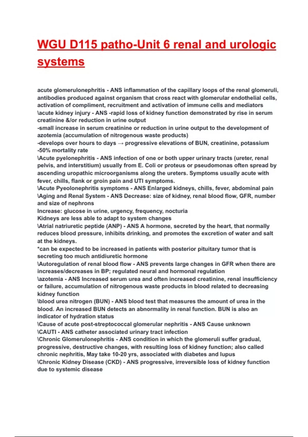 WGU D115 patho-Unit 6 renal and urologic systems Exam 2025/2026 Exam 2025/2026 Questions With ...