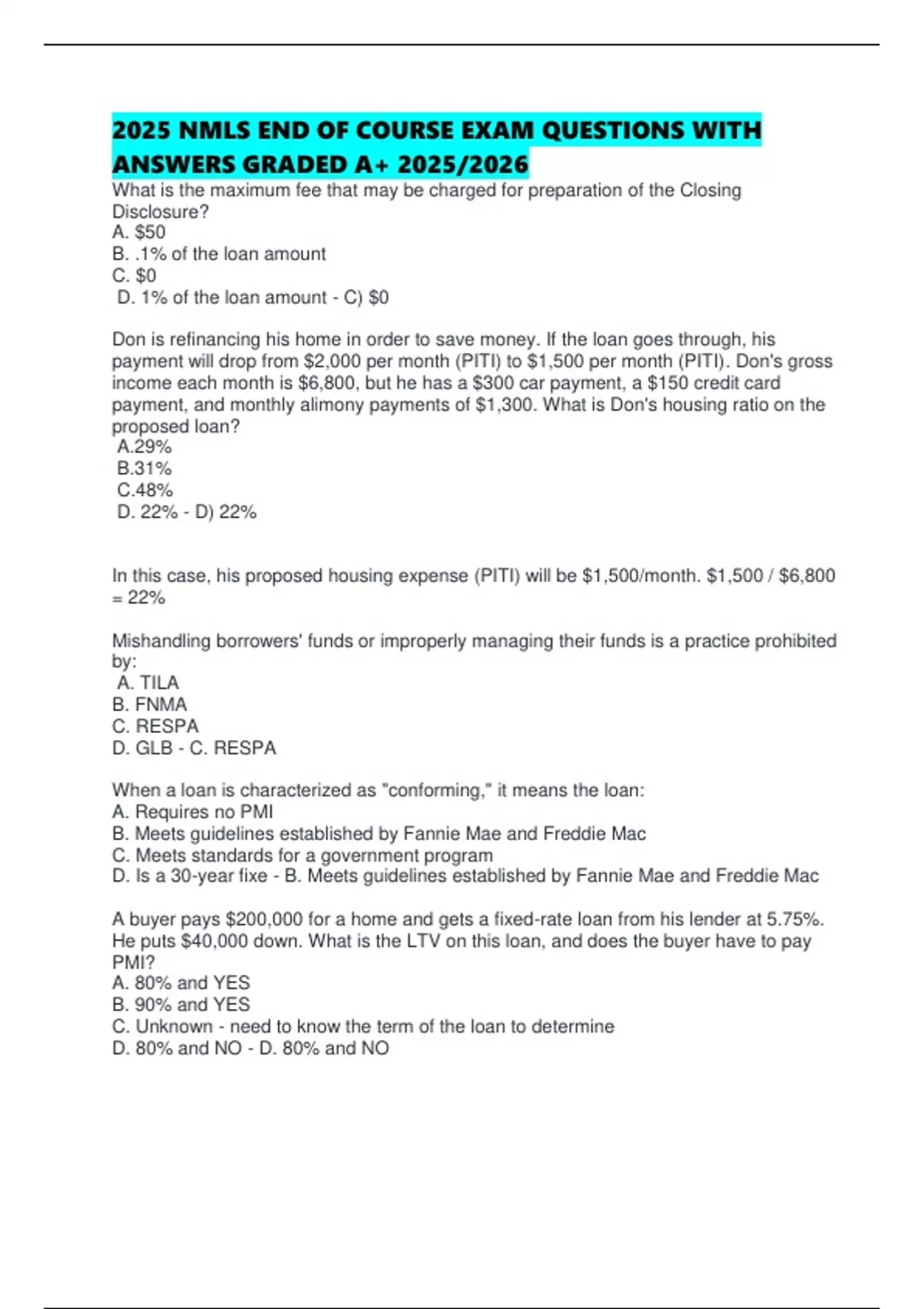 2025 NMLS END OF COURSE EXAM QUESTIONS WITH ANSWERS GRADED A+ 2025/2026 ...