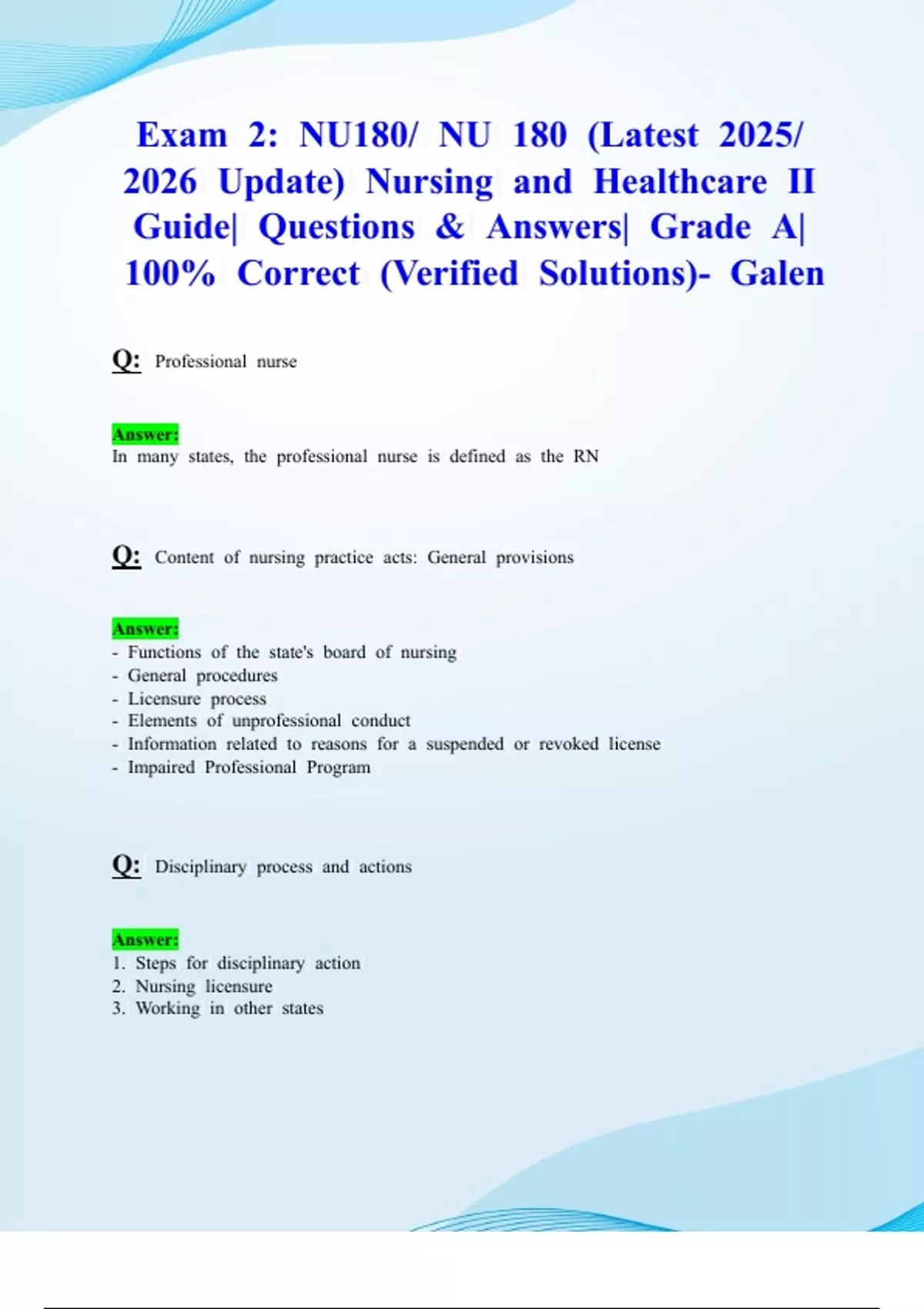 Exam 2: NU180/ NU 180 (Latest 2025/ 2026 Update) Nursing and Healthcare ...