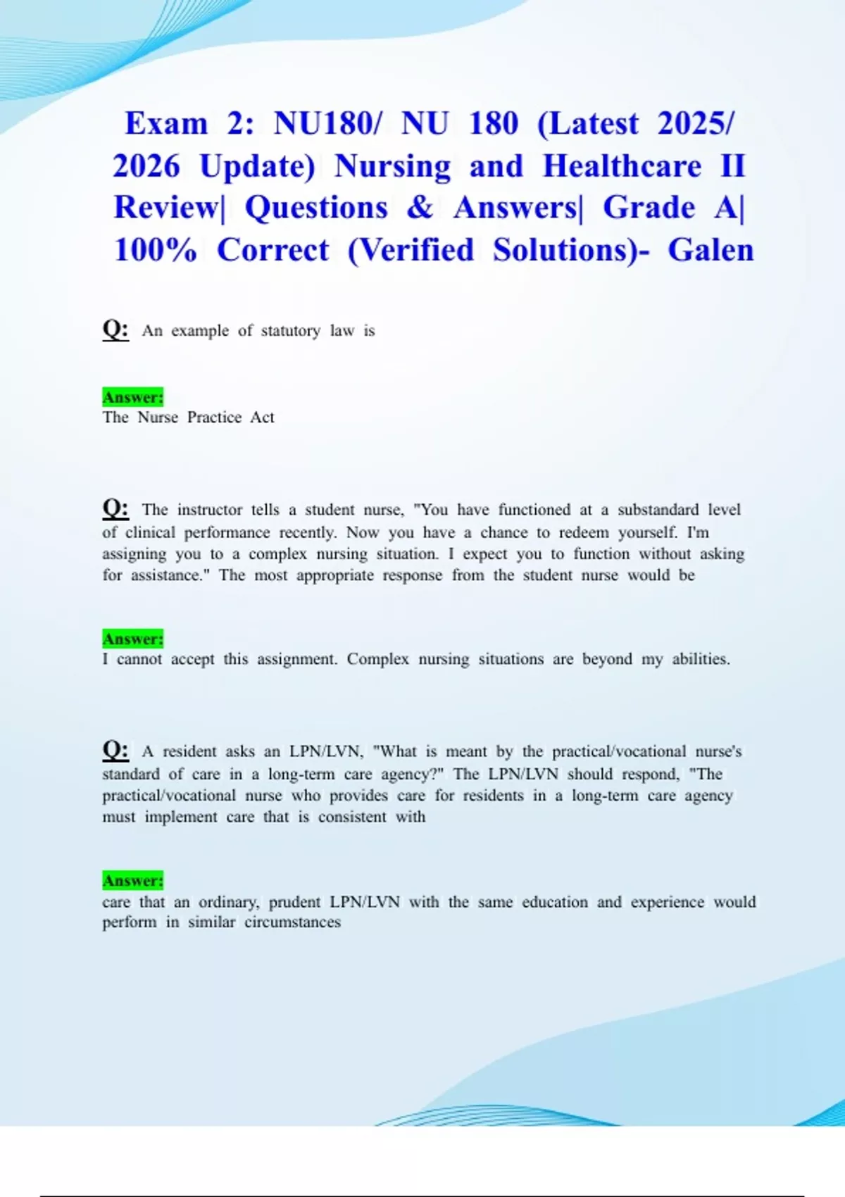 Exam 2: NU180/ NU 180 (Latest 2025/ 2026 Update) Nursing and Healthcare ...