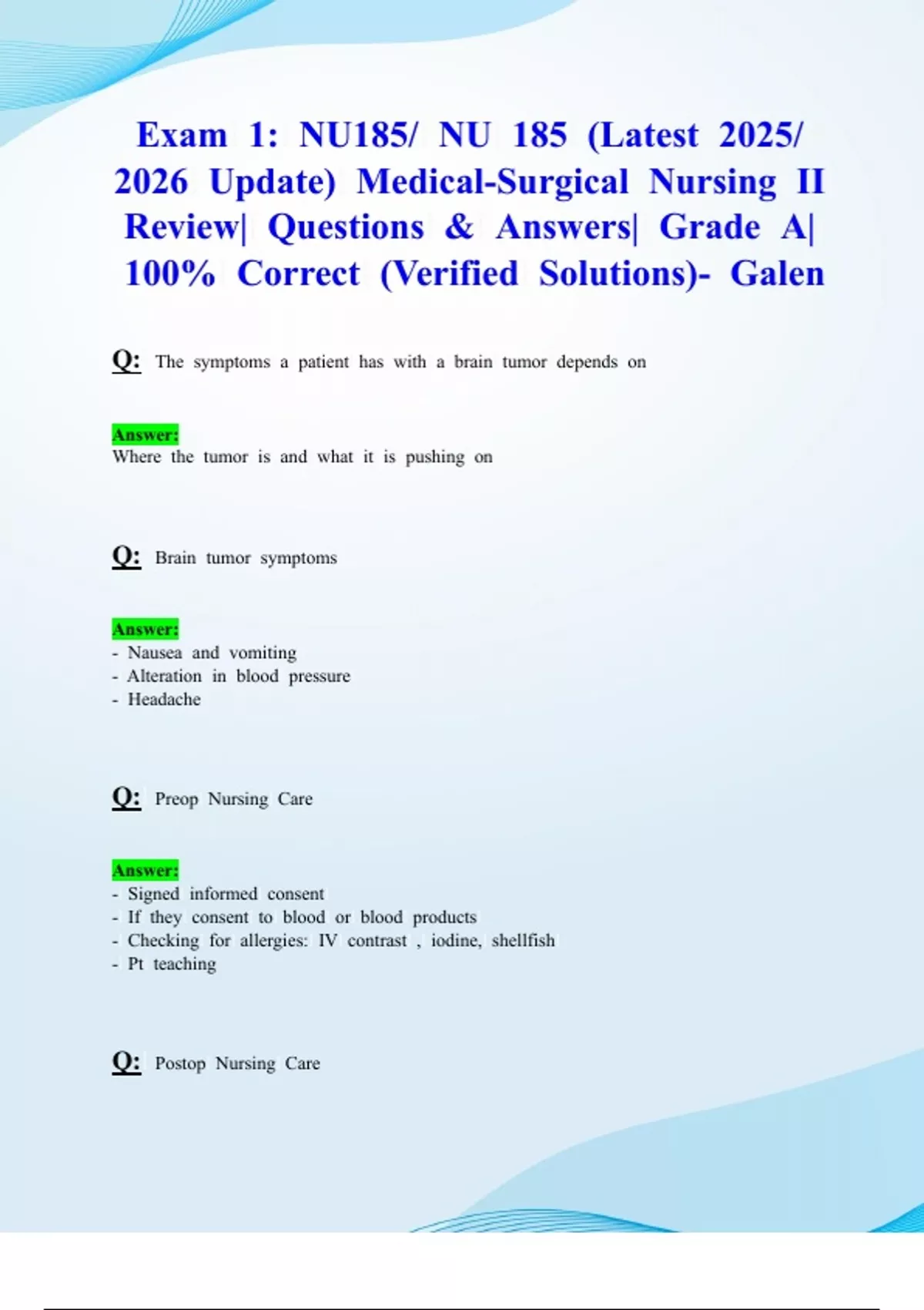 Exam 1: NU185/ NU 185 (Latest 2025/ 2026 Updates STUDY BUNDLE PACKAGE ...