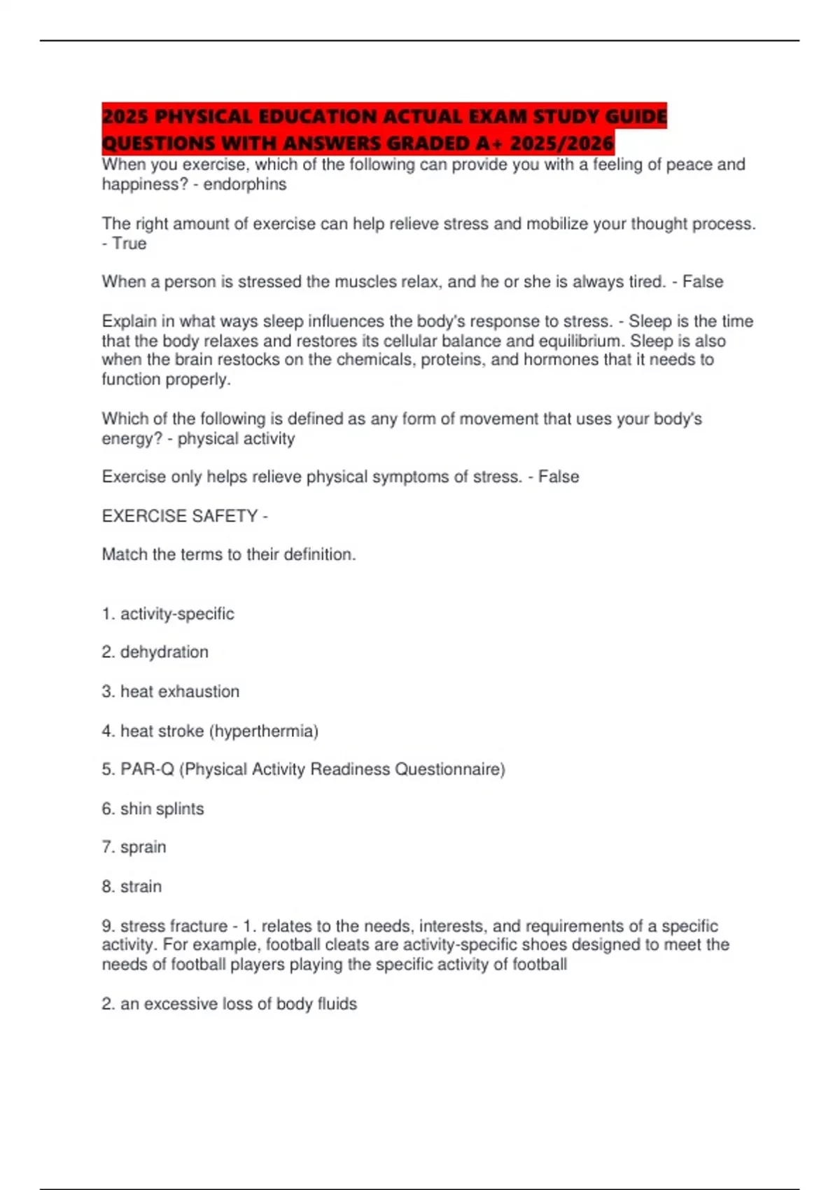 2025 PHYSICAL EDUCATION ACTUAL EXAM STUDY GUIDE QUESTIONS WITH ANSWERS ...