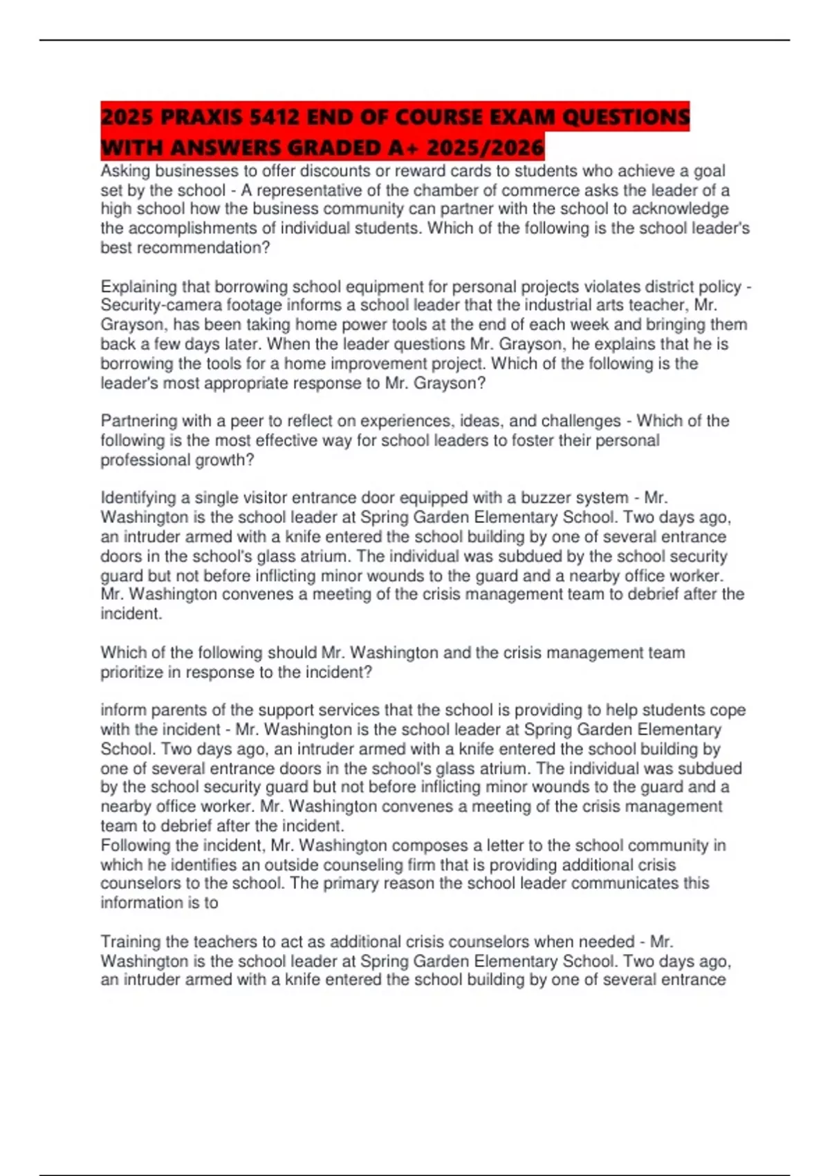 2025 PRAXIS 5412 END OF COURSE EXAM QUESTIONS WITH ANSWERS GRADED A+ ...