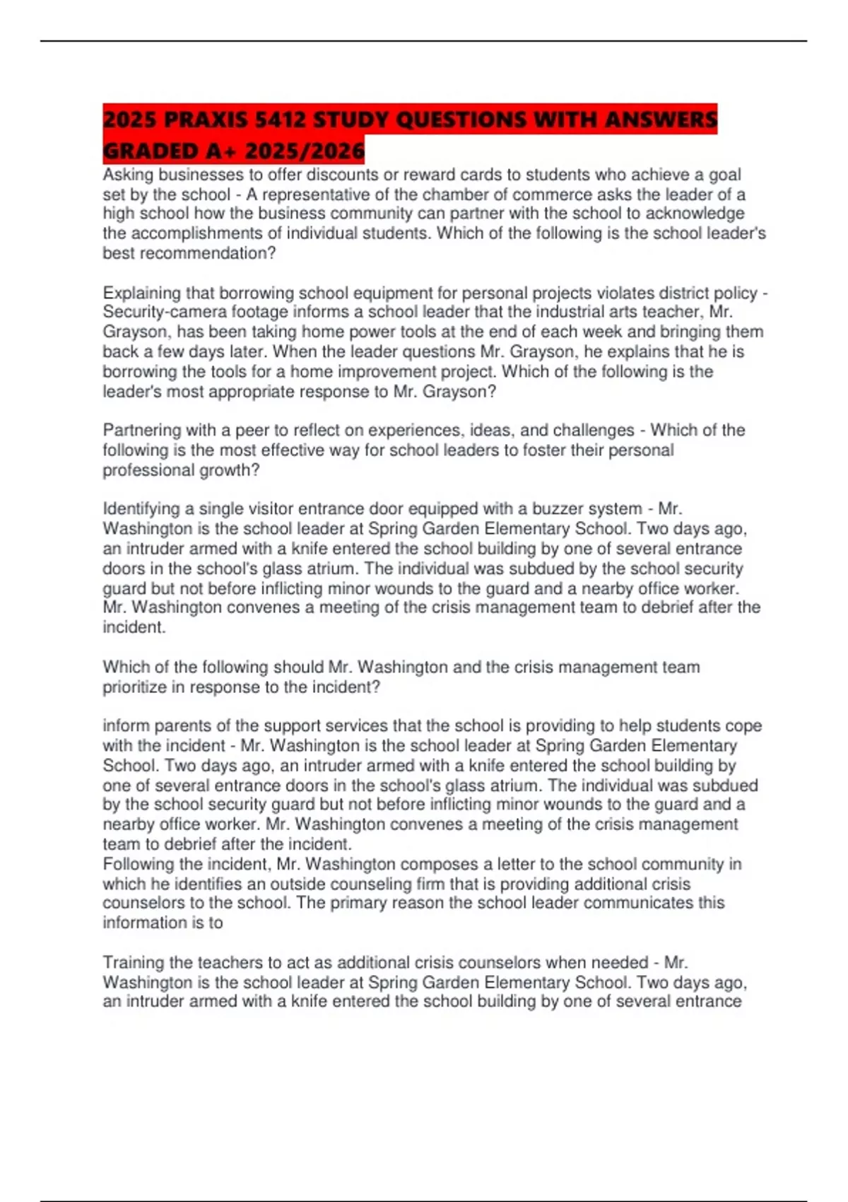 2025 PRAXIS 5412 STUDY QUESTIONS WITH ANSWERS GRADED A+ 2025/2026 ...