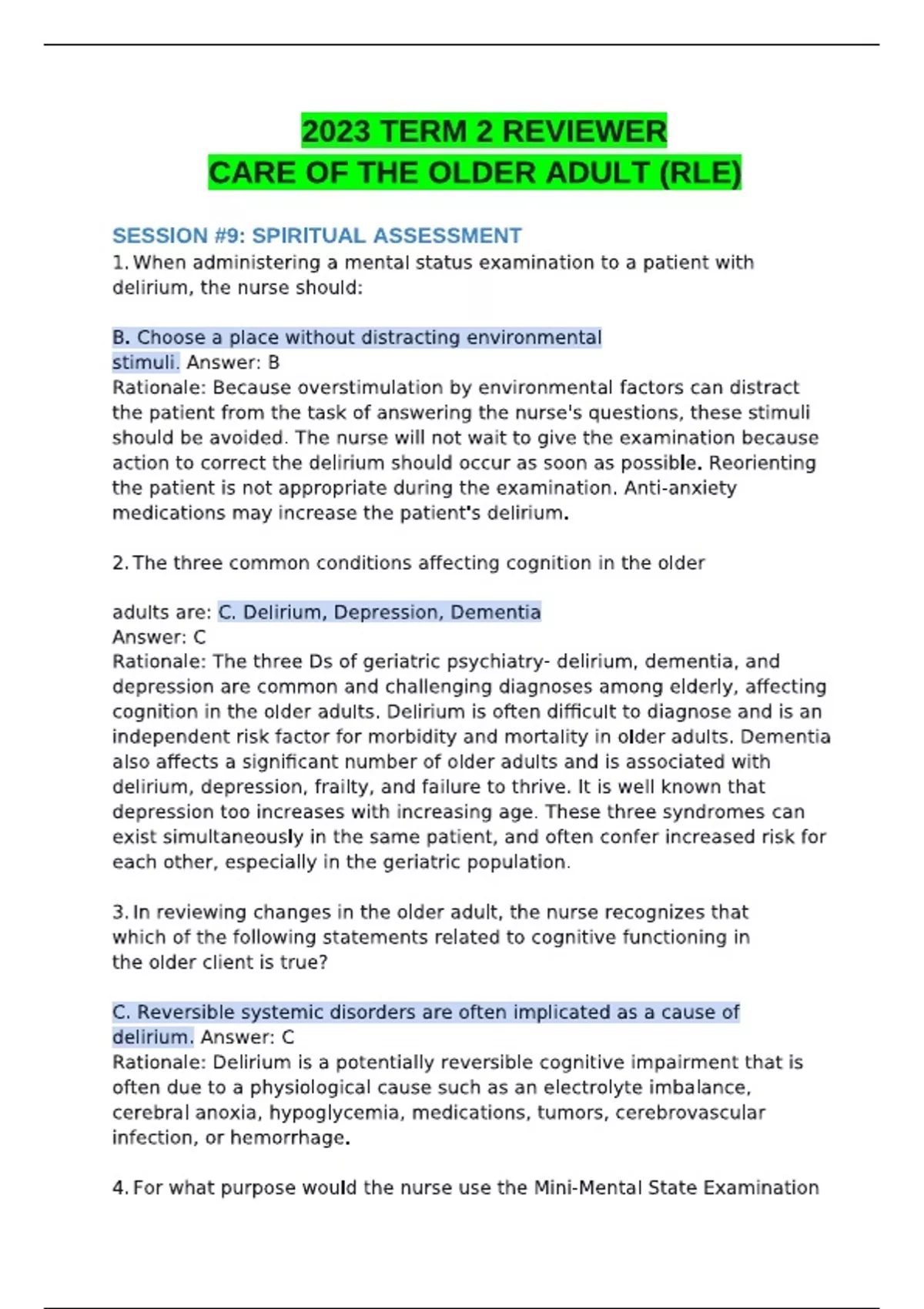 2023, 2024TERM 2 REVIEWER CARE OF THE OLDER ADULT (RLE). - Tests ...