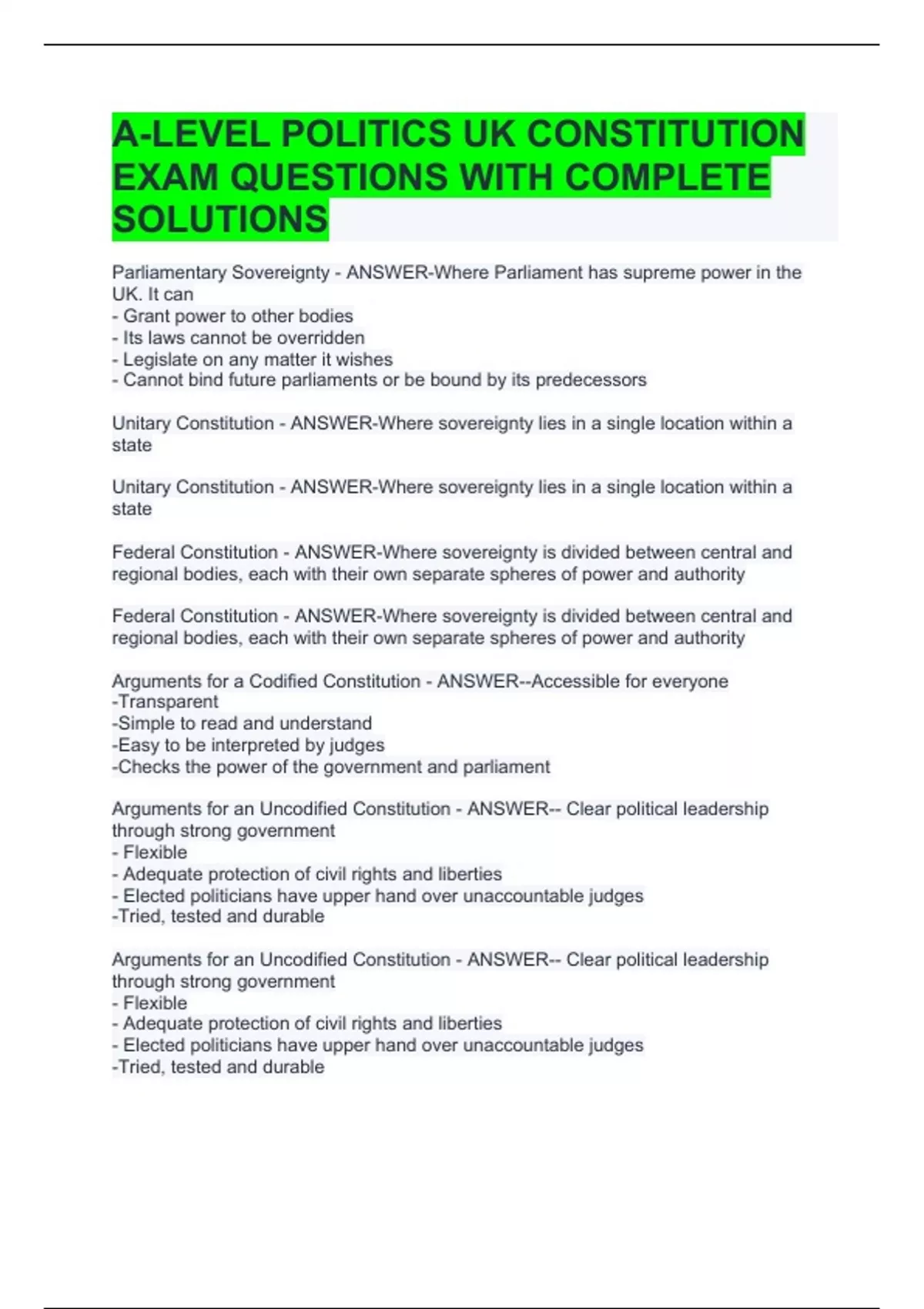 A-LEVEL POLITICS UK CONSTITUTION EXAM QUESTIONS WITH COMPLETE SOLUTIONS ...