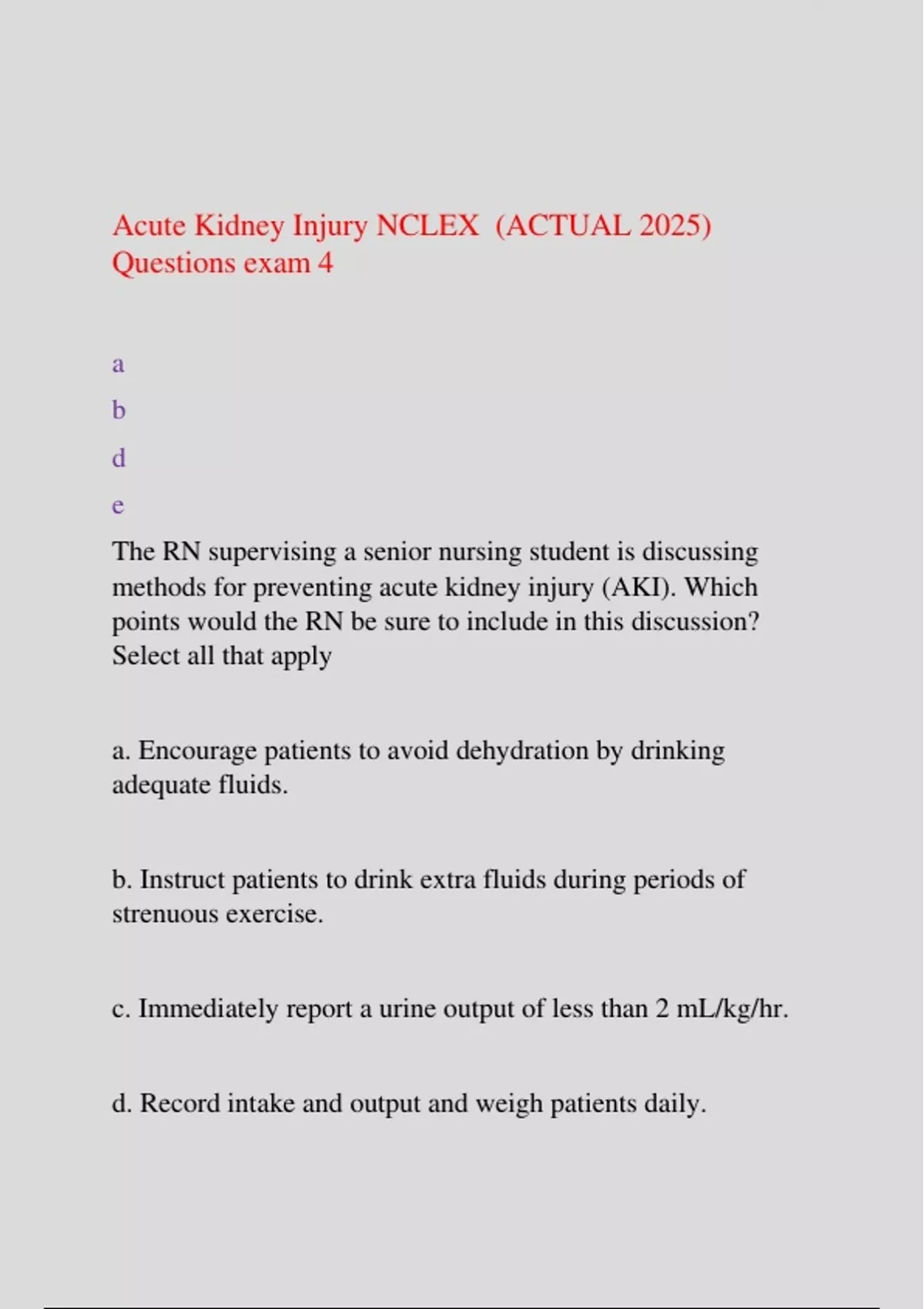 Acute Kidney Injury NCLEX (ACTUAL 2025) Questions exam 4 - Acute Kidney ...