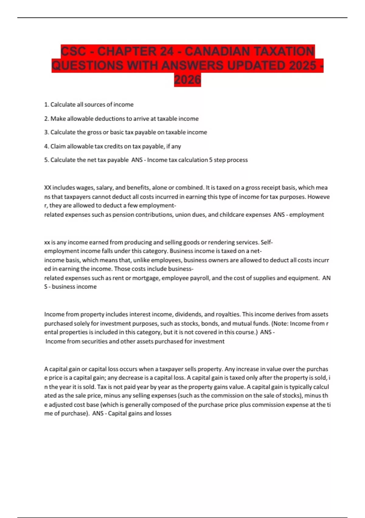 CSC - CHAPTER 24 - CANADIAN TAXATION QUESTIONS WITH ANSWERS UPDATED ...