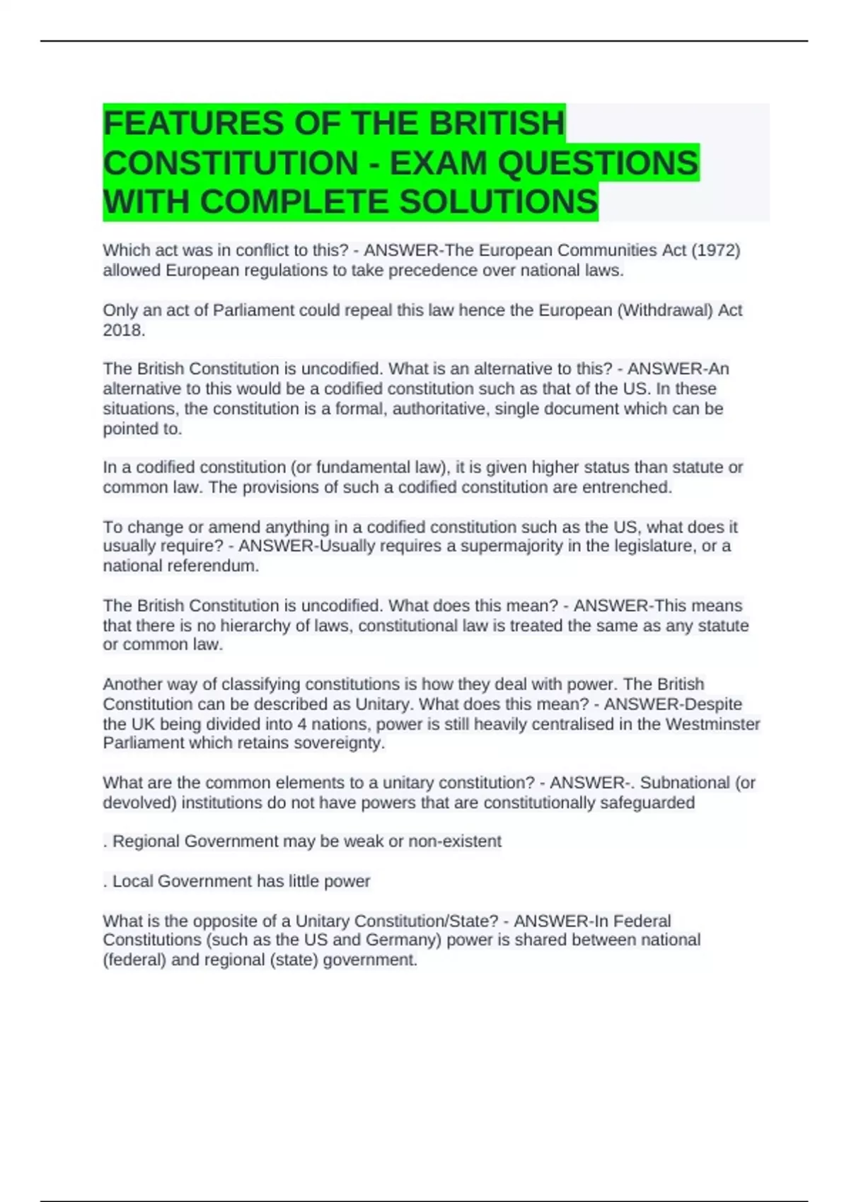FEATURES OF THE BRITISH CONSTITUTION - EXAM QUESTIONS WITH COMPLETE ...