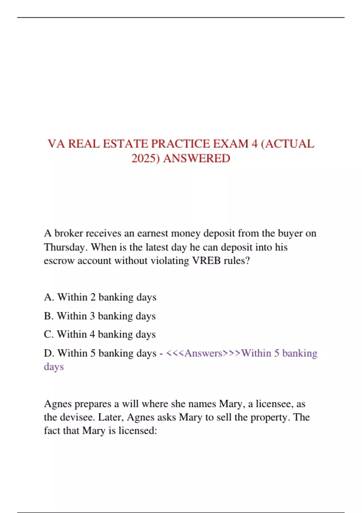 VA REAL ESTATE PRACTICE EXAM 4 (ACTUAL 2025) ANSWERED - VA REAL ESTATE ...