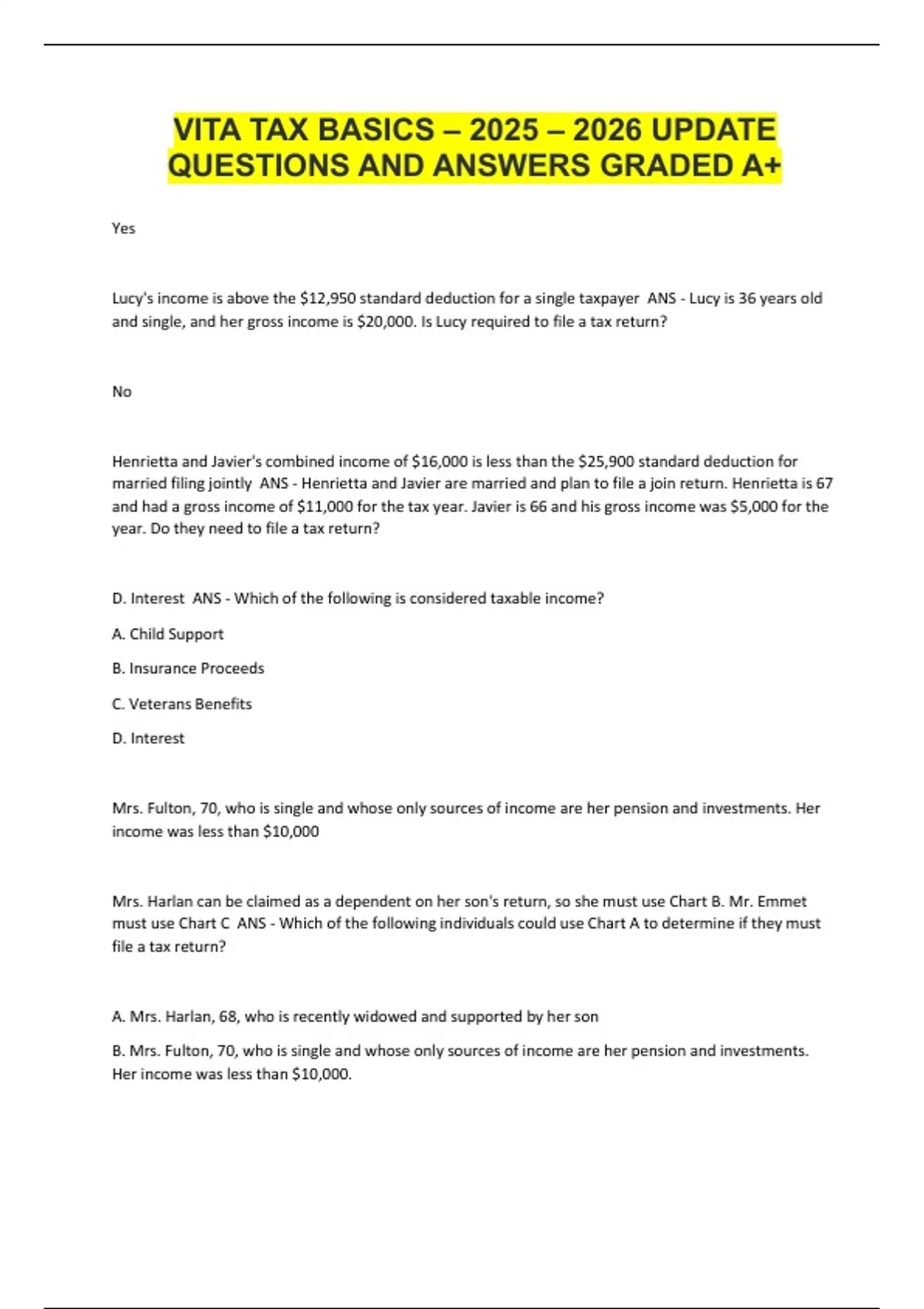 VITA TAX BASICS – 2025 – 2026 UPDATE QUESTIONS AND ANSWERS GRADED A+ ...