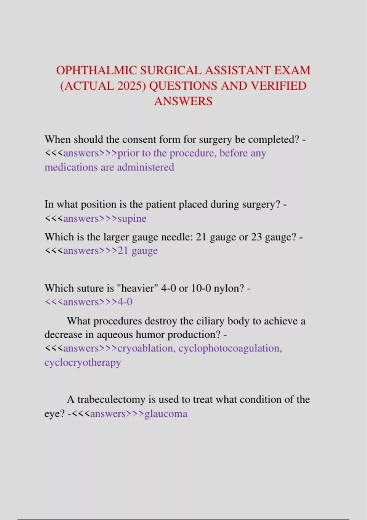 OPHTHALMIC SURGICAL ASSISTANT EXAM (ACTUAL 2025) QUESTIONS AND VERIFIED ...