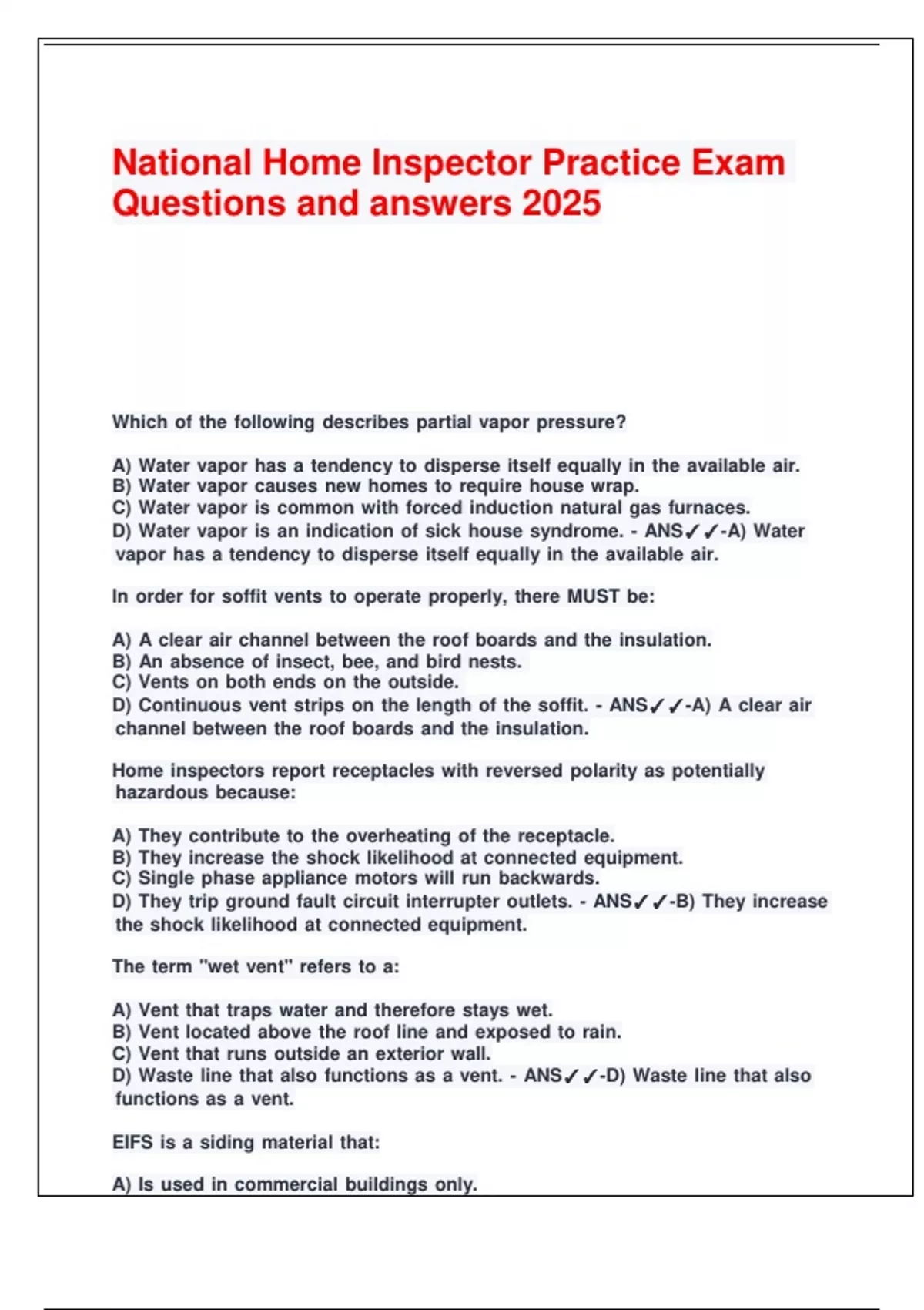 National Home Inspector Practice Exam Questions and answers 2025 ...