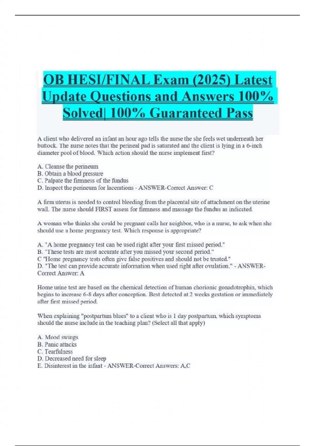 OB HESI/FINAL Exam (2025) Latest Update Questions and Answers 100% ...