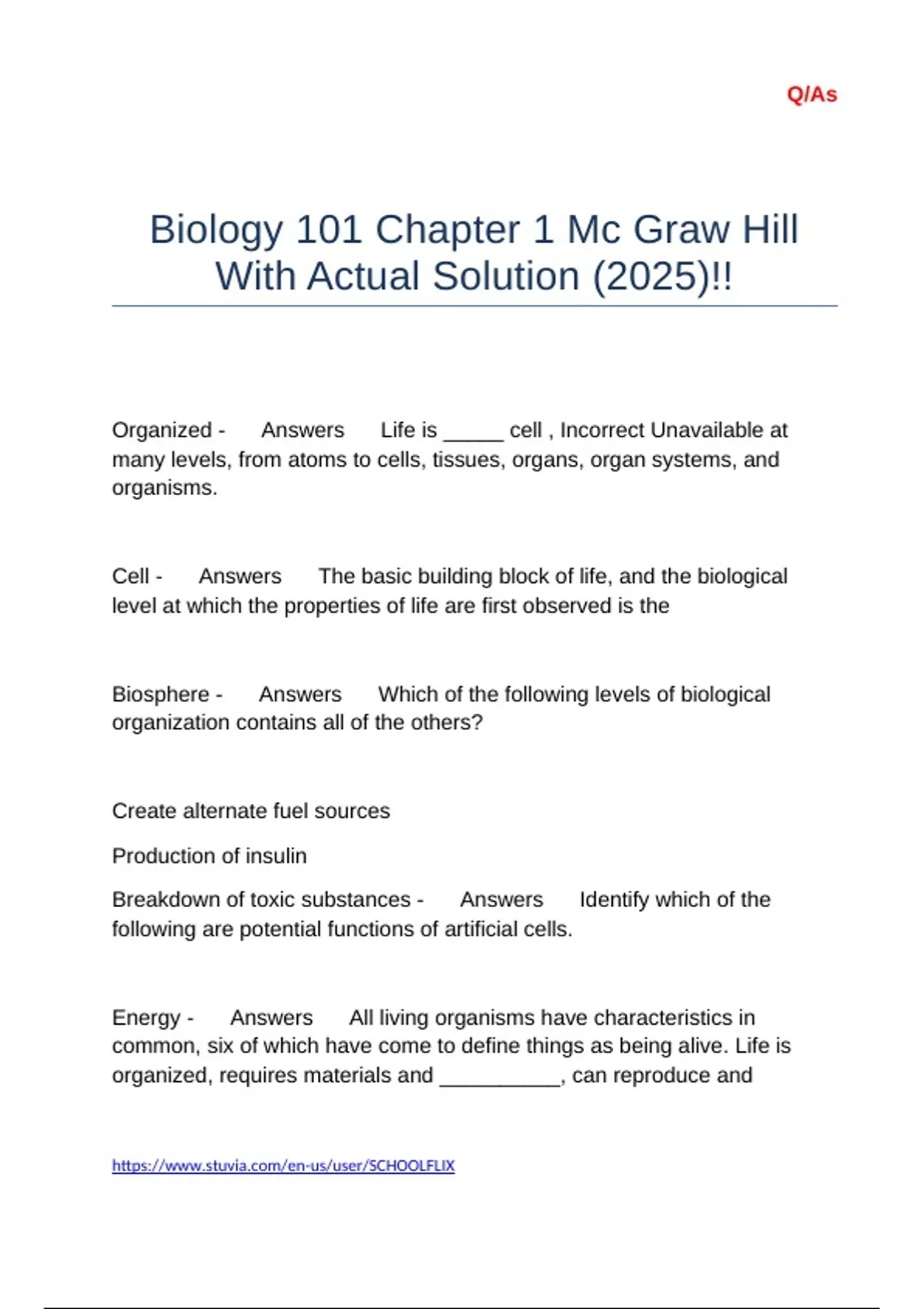 Biology 101 Chapter 1 Mc Graw Hill With Actual Solution (2025)!! - BIOL 101 - Stuvia US