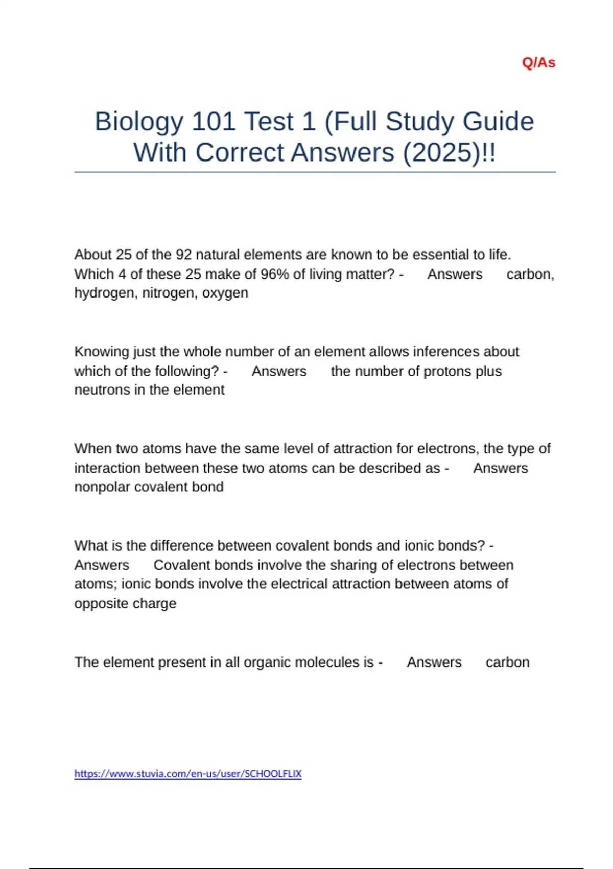 Biology 101 Test 1 (Full Study Guide With Correct Answers (2025 ...
