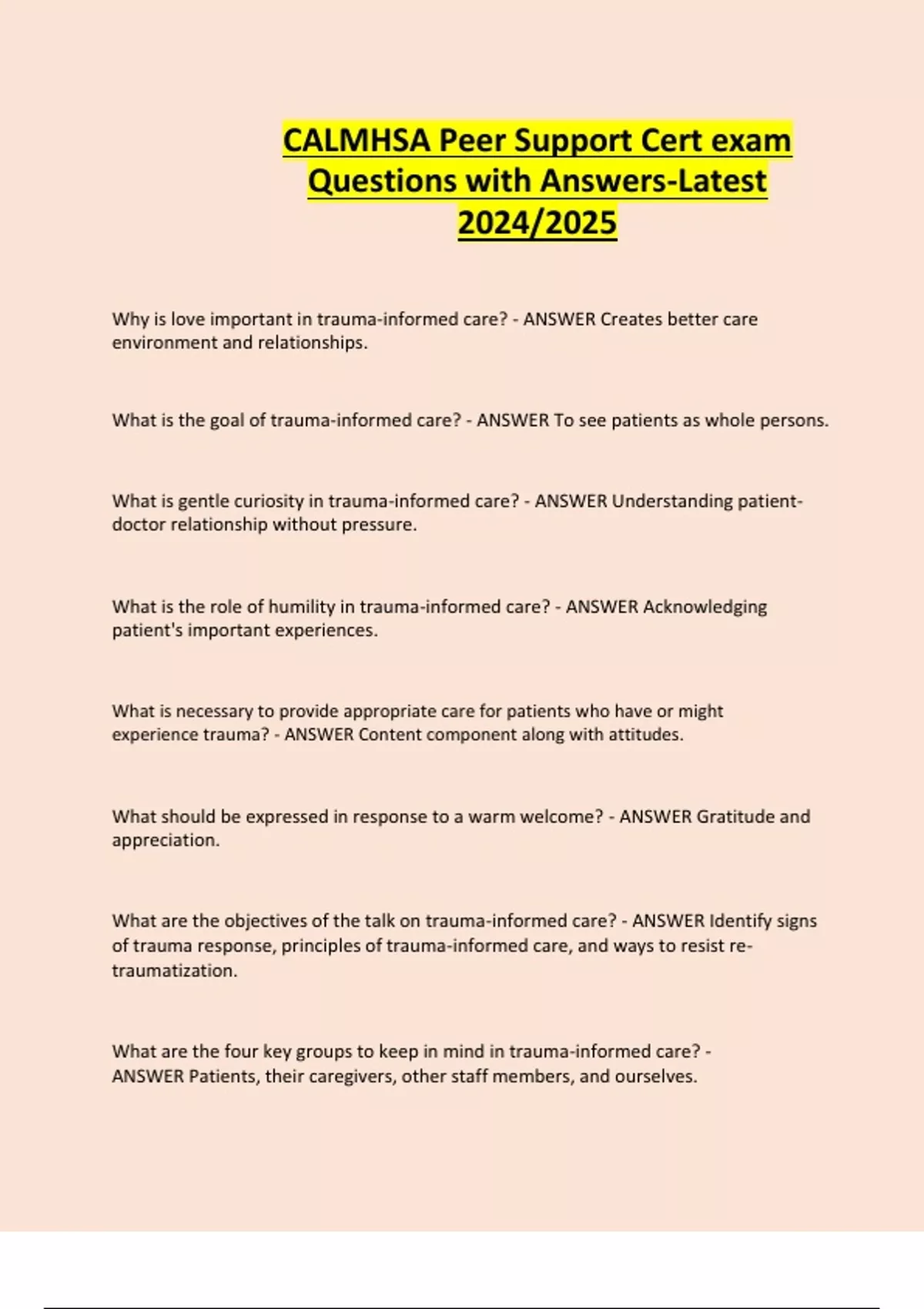 CALMHSA Peer Support Cert exam Questions with Answers-Latest 2024/2025 ...