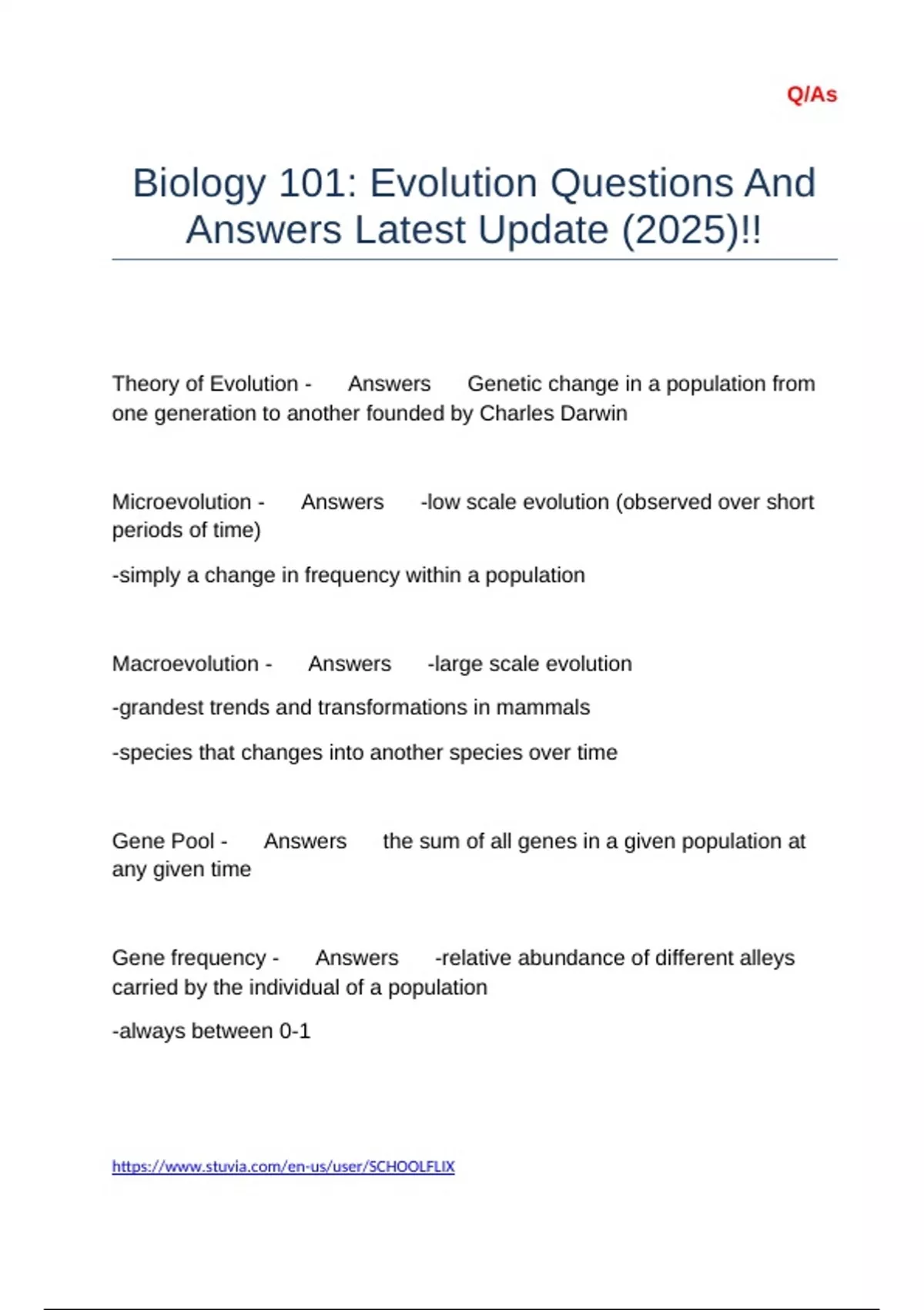 Biology 101 Evolution Questions And Answers Latest Update (2025 ...