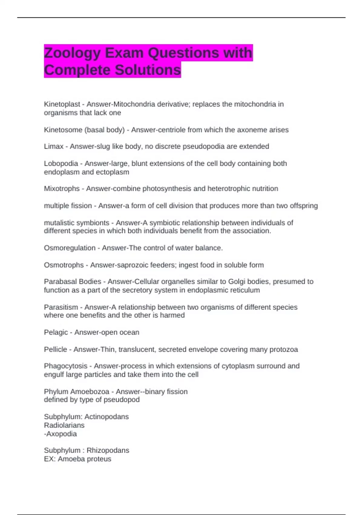 Zoology Exam Questions with Complete Solutions - Zoology - Stuvia US