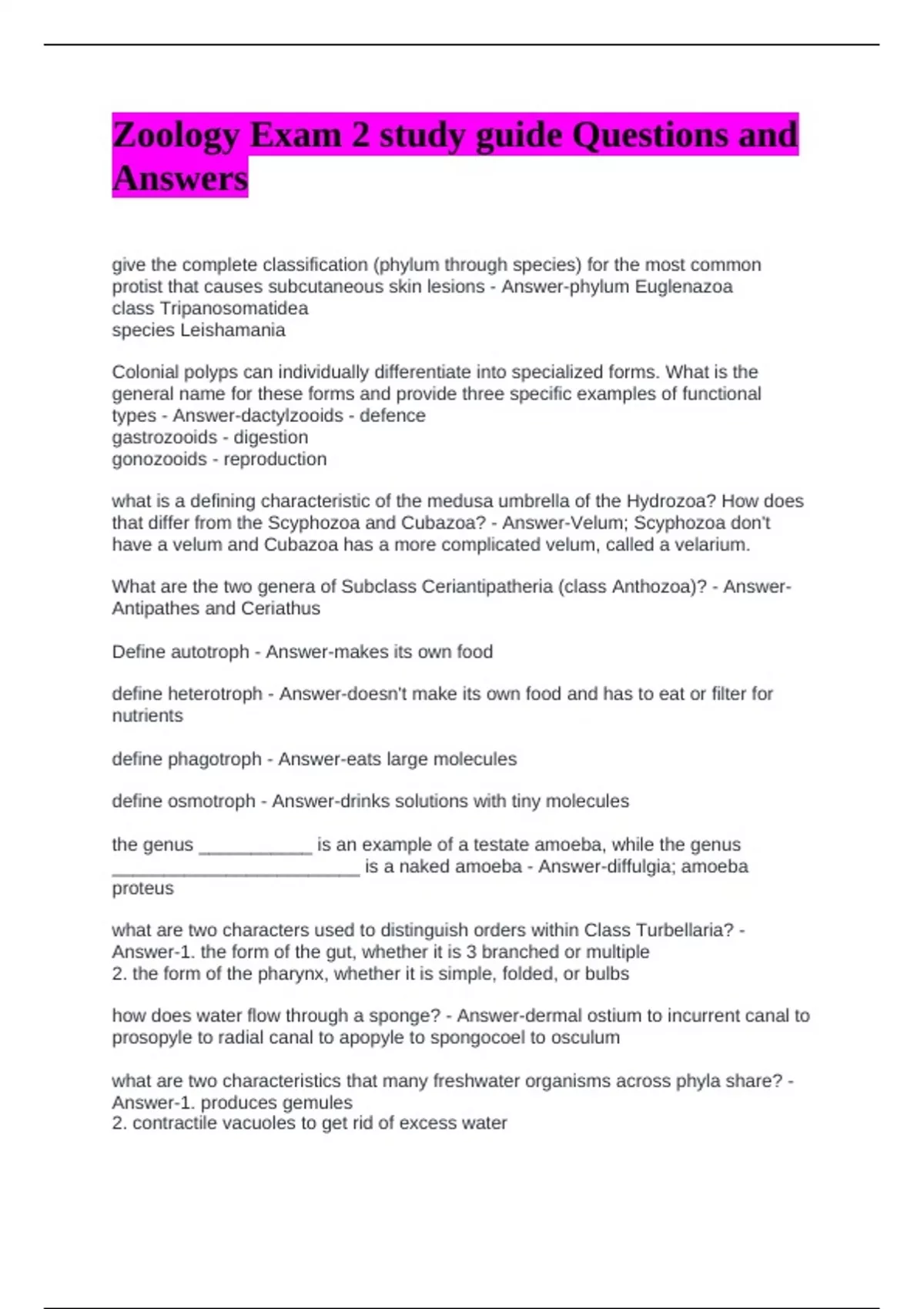 Zoology Exam 2 study guide Questions and Answers - Zoology - Stuvia US