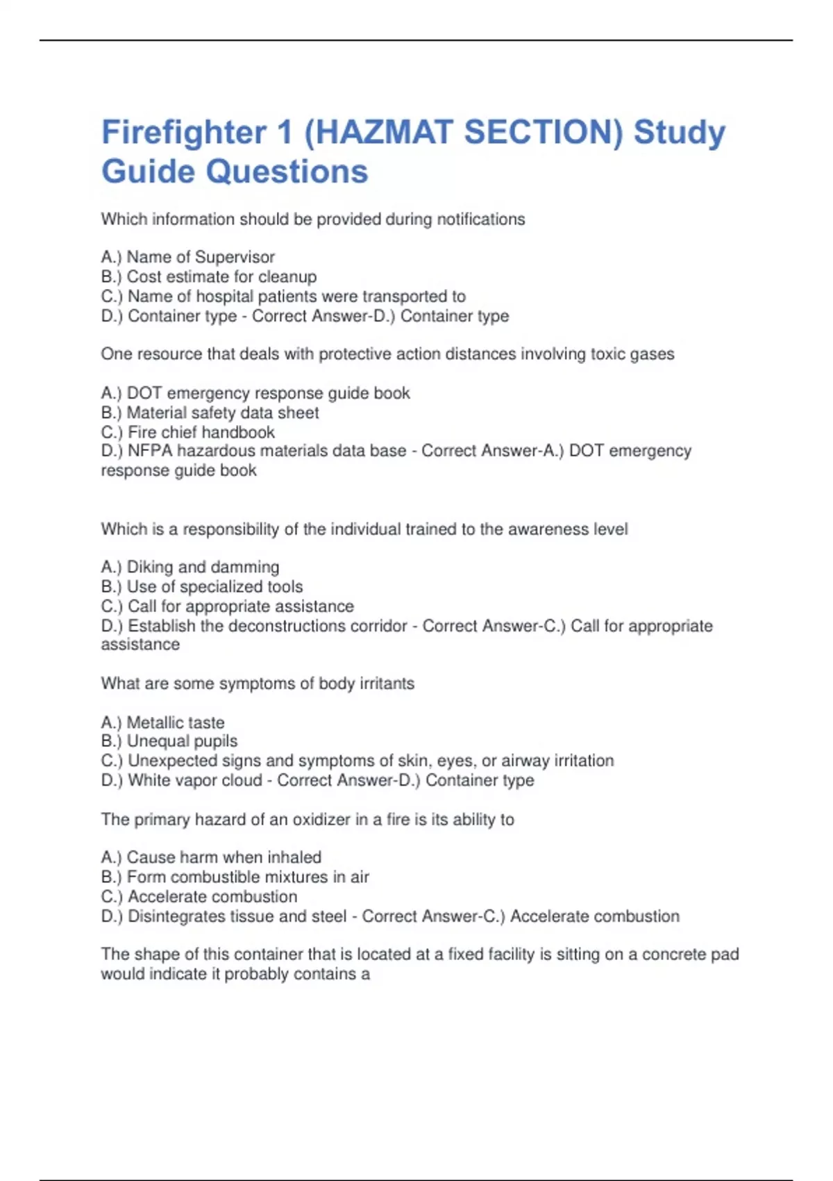 Firefighter 1 (HAZMAT SECTION) Study Guide Questions With 100% Verified ...