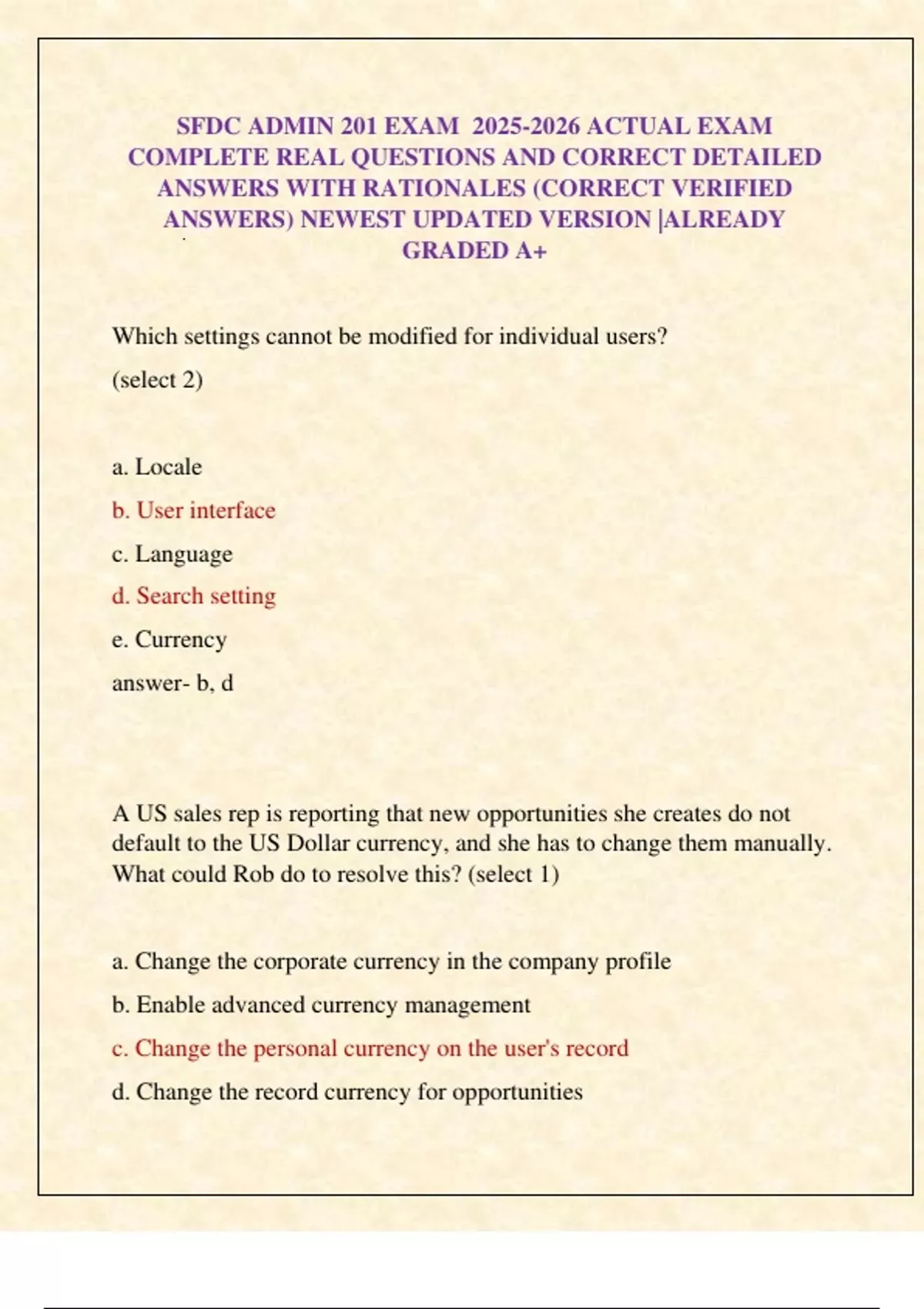 SFDC ADMIN 201 EXAM ACTUAL EXAM COMPLETE REAL QUESTIONS AND CORRECT ...