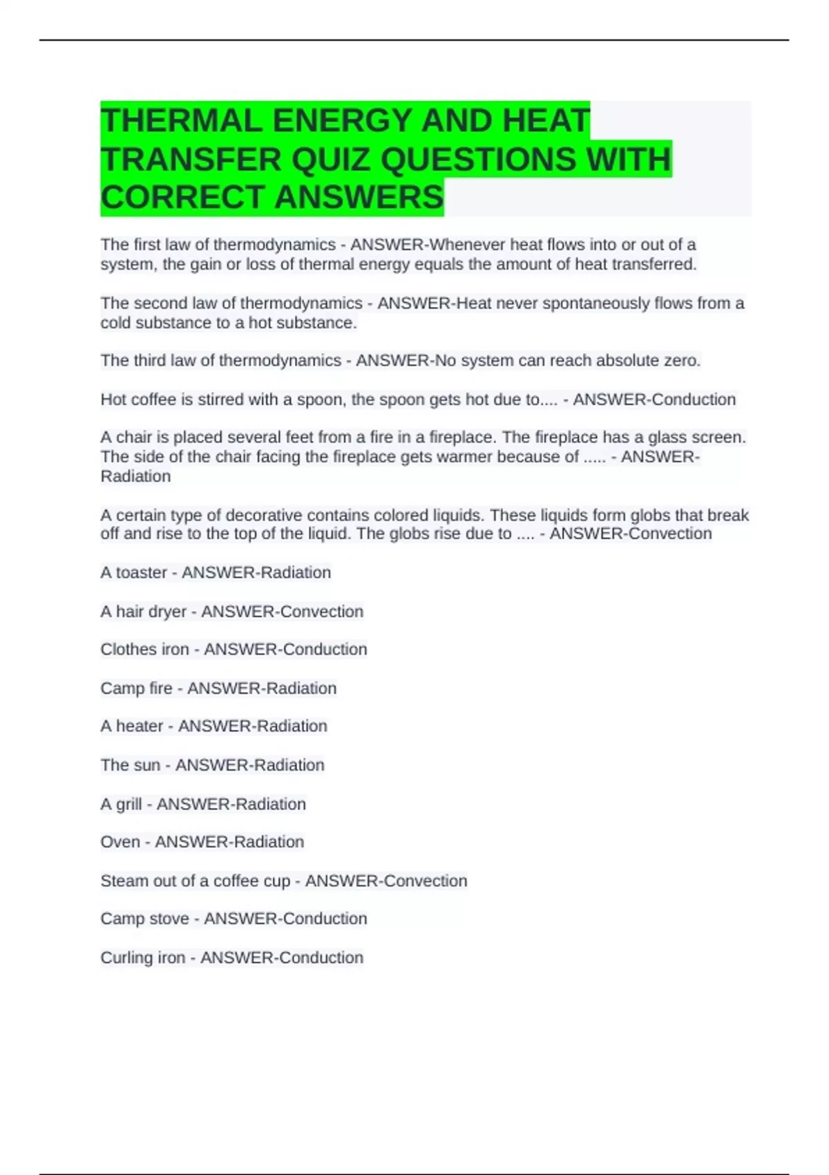 THERMAL ENERGY AND HEAT TRANSFER QUIZ QUESTIONS WITH CORRECT ANSWERS ...
