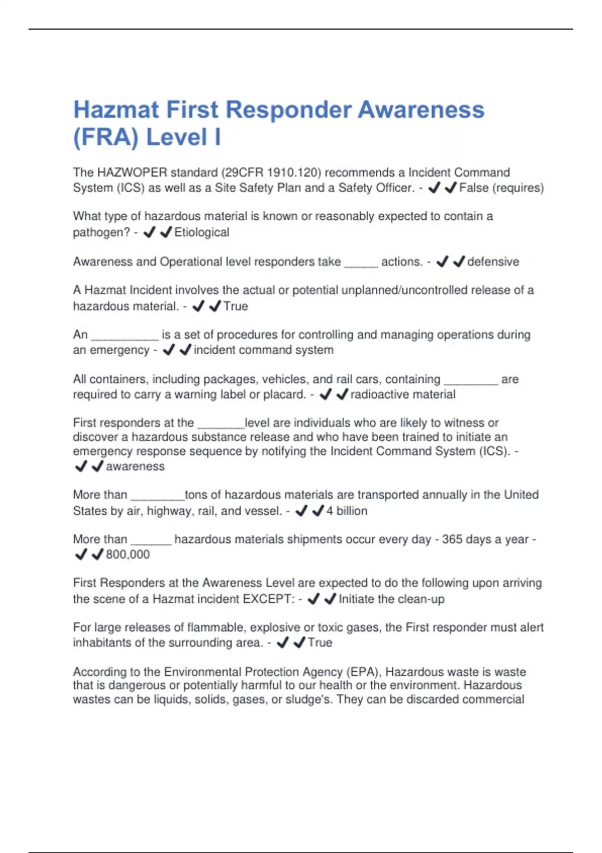 Hazmat First Responder Awareness (FRA) Level I Questions With 100% ...