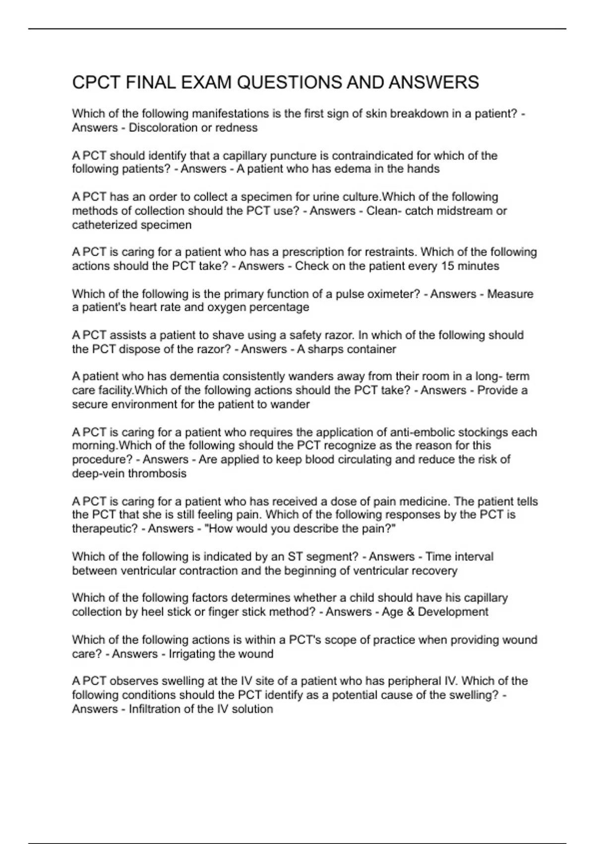 CPCT FINAL EXAM QUESTIONS AND ANSWERS - Cpct - Stuvia US