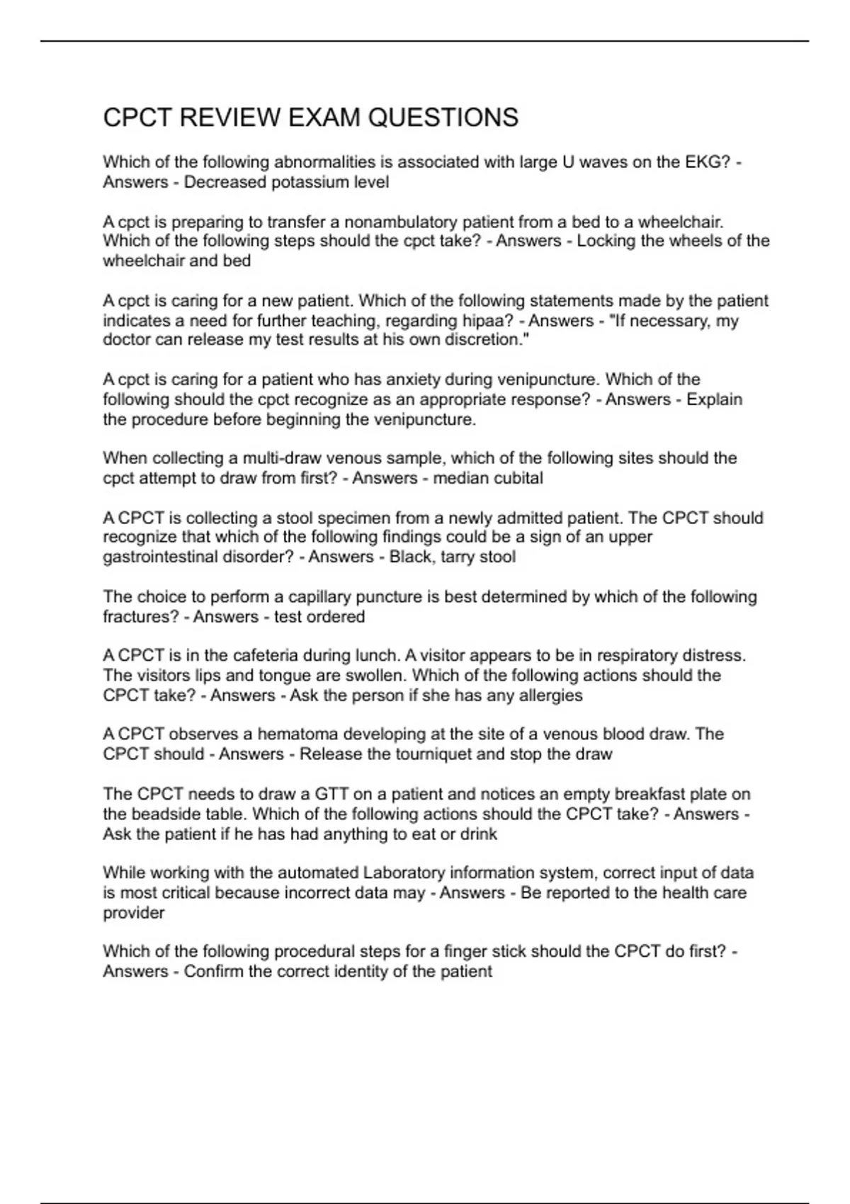 CPCT REVIEW EXAM QUESTIONS - Cpct - Stuvia US