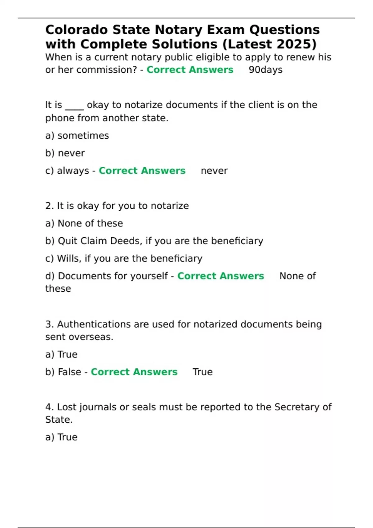 Colorado State Notary Exam Questions with Complete Solutions (Latest ...