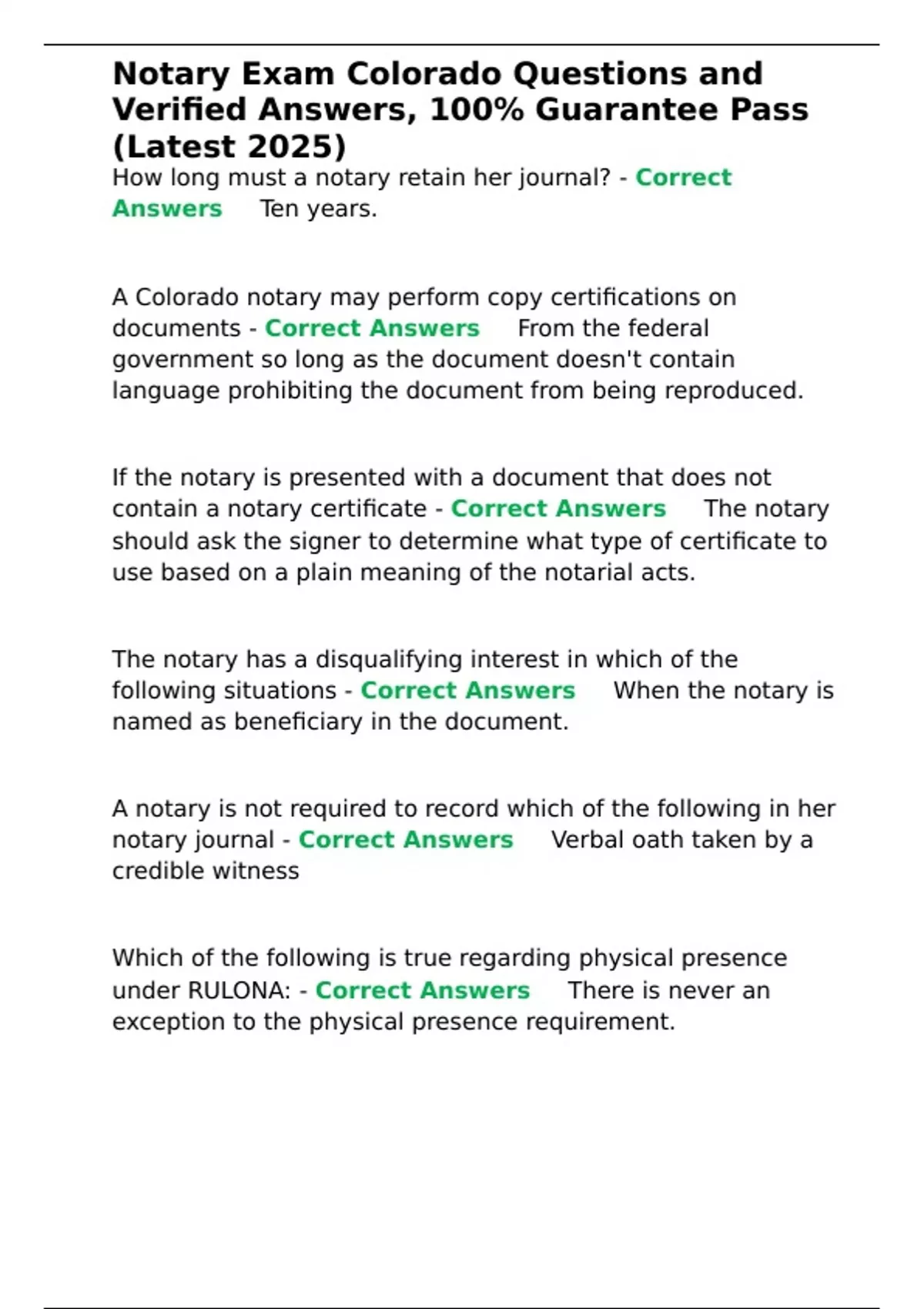 Notary Exam Colorado Questions and Verified Answers, 100- Guarantee ...