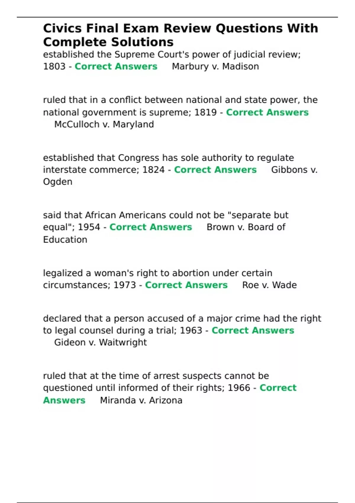 Civics Final Exam Review Questions With Complete Solutions - Civics and ...