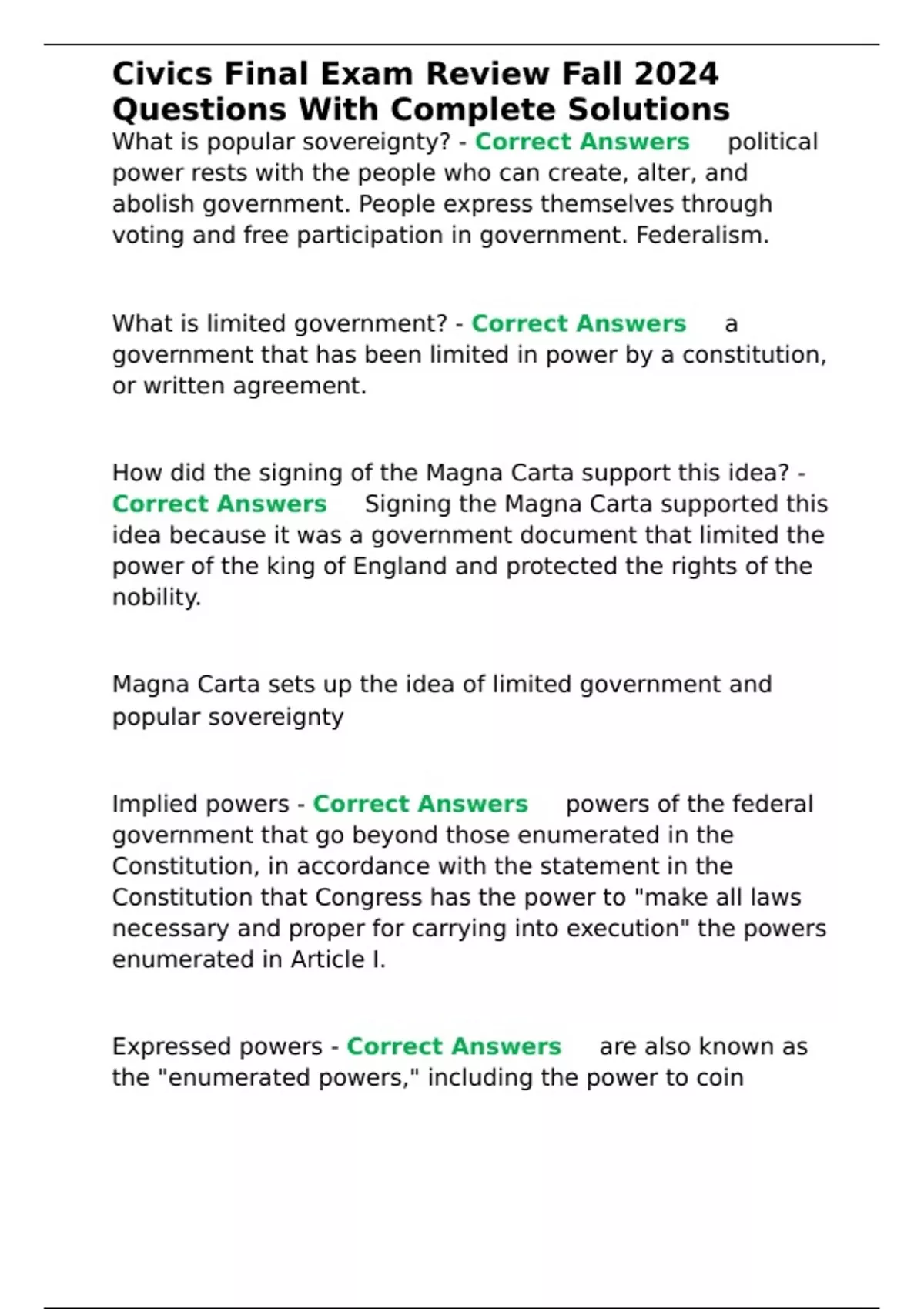 Civics Final Exam Review Fall 2024 Questions With Complete Solutions ...