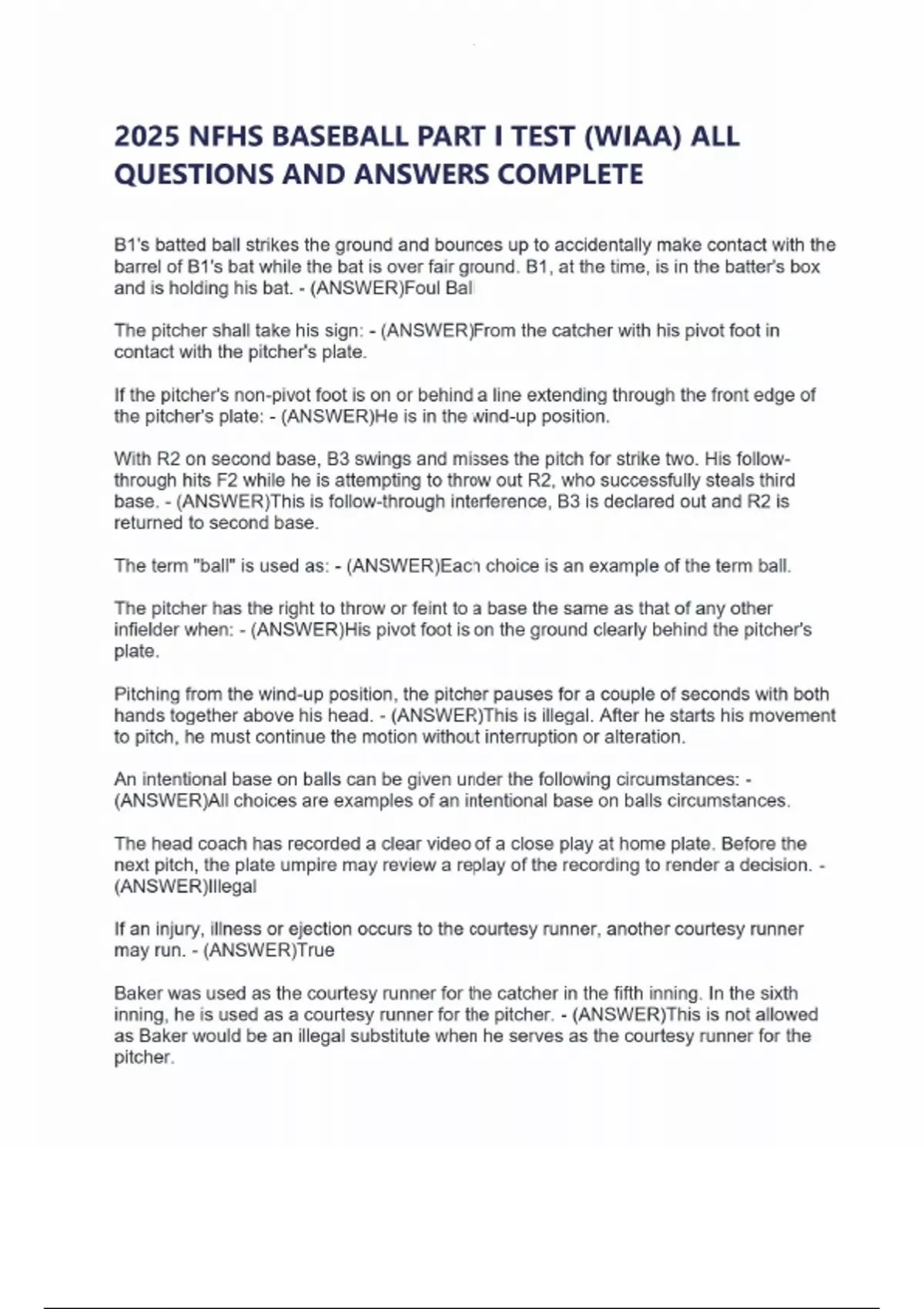 2025 NFHS BASEBALL PART I TEST (WIAA) ALL QUESTIONS AND ANSWERS ...