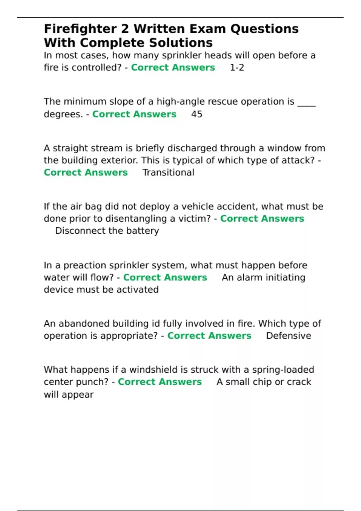 Firefighter 2 Written Exam Questions With Complete Solutions ...