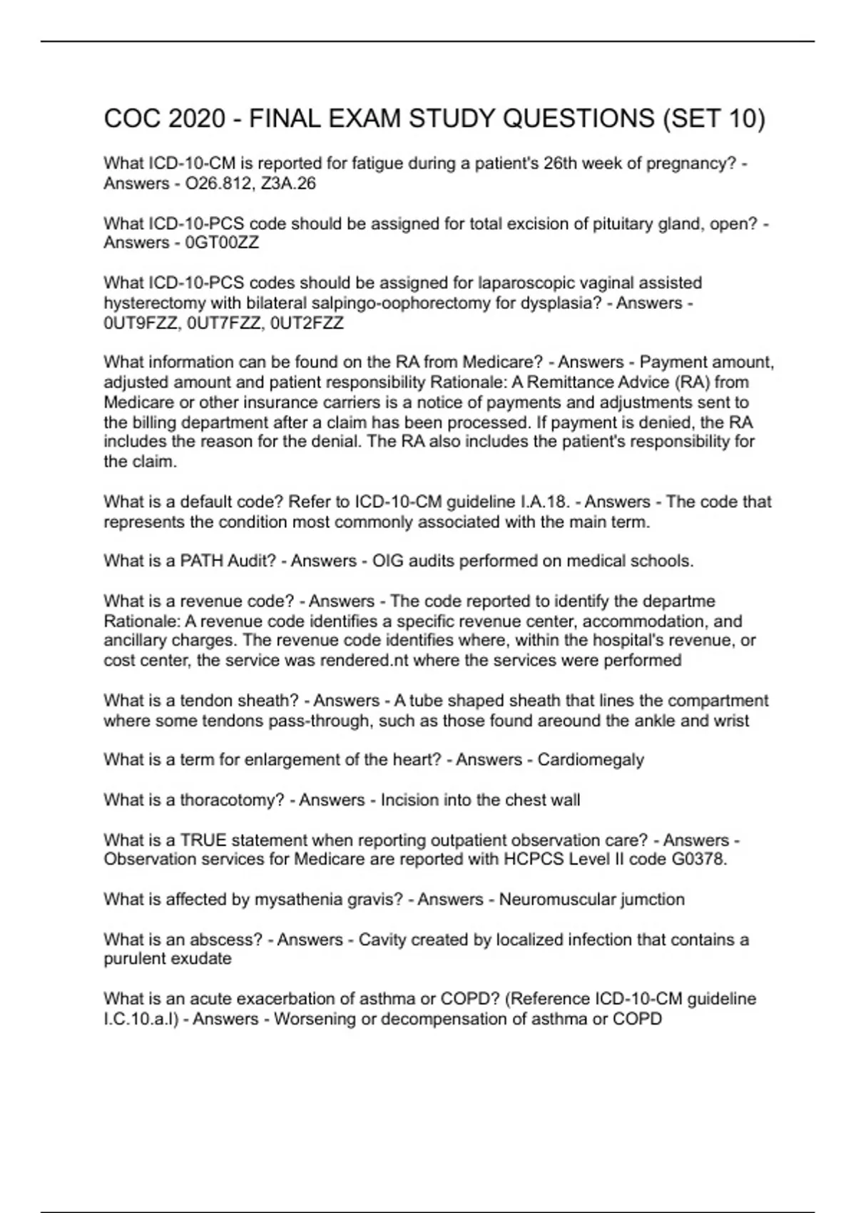 COC 2020 - FINAL EXAM STUDY QUESTIONS (SET 10) - COC 2020 - Stuvia US