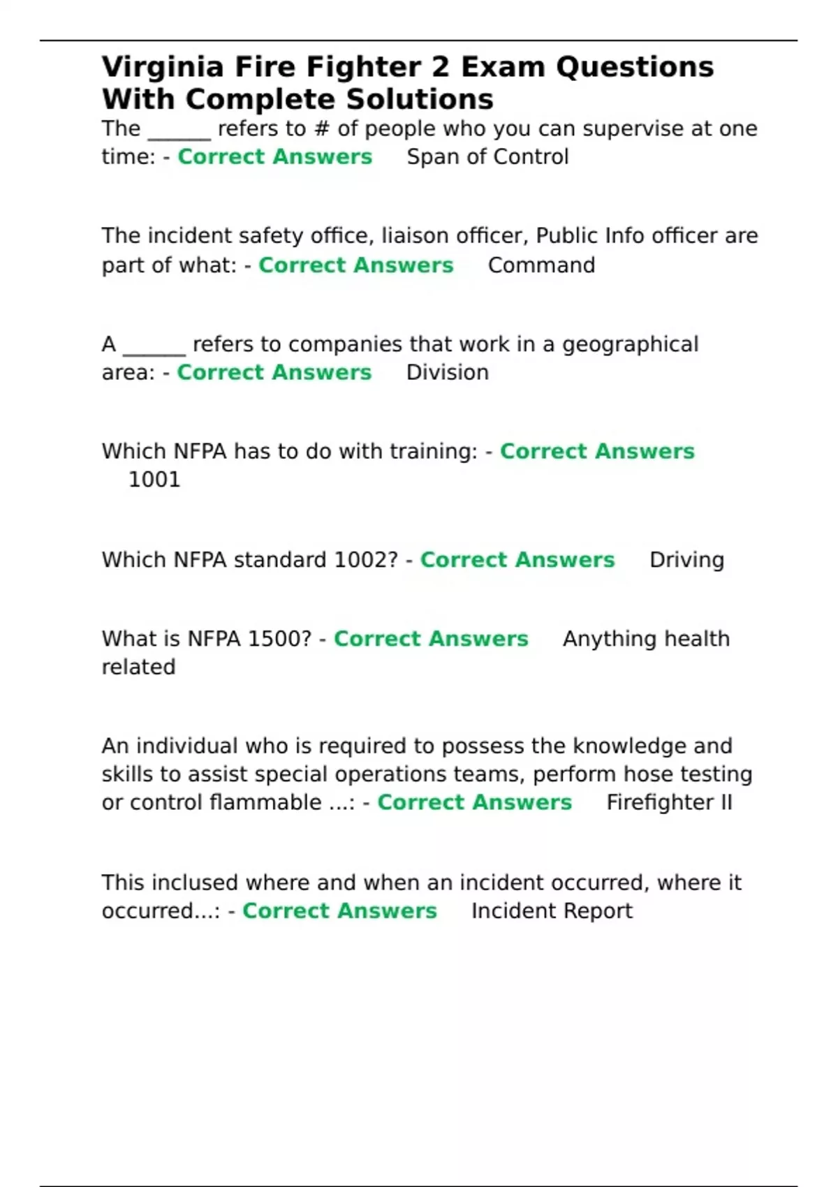 Virginia Fire Fighter 2 Exam Questions With Complete Solutions ...