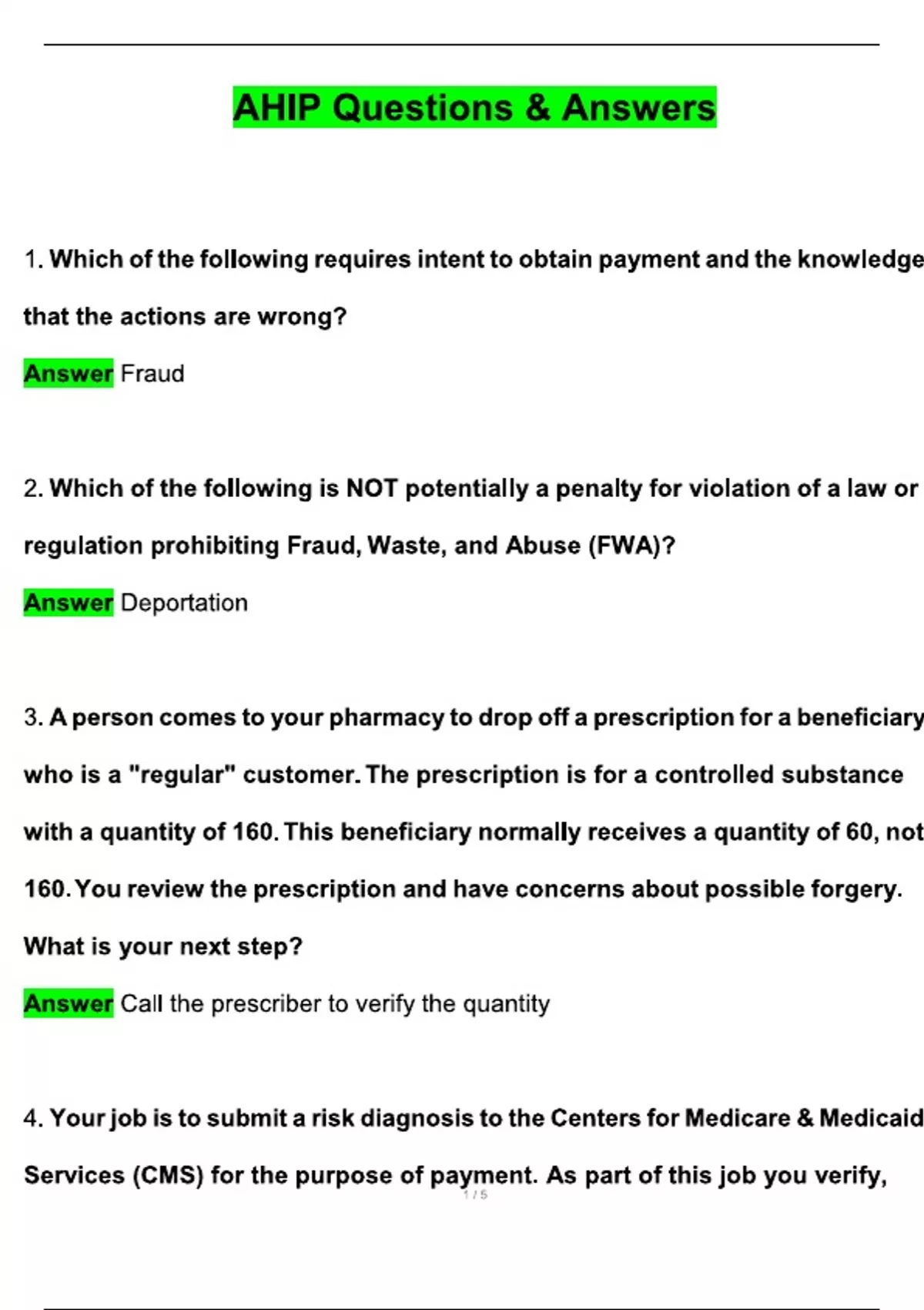 AHIP FWA EXAMS BUNDLED AHIP Medicare Fraud, Waste, & Abuse Exam / AHIP FWA Modules 1-5 ...